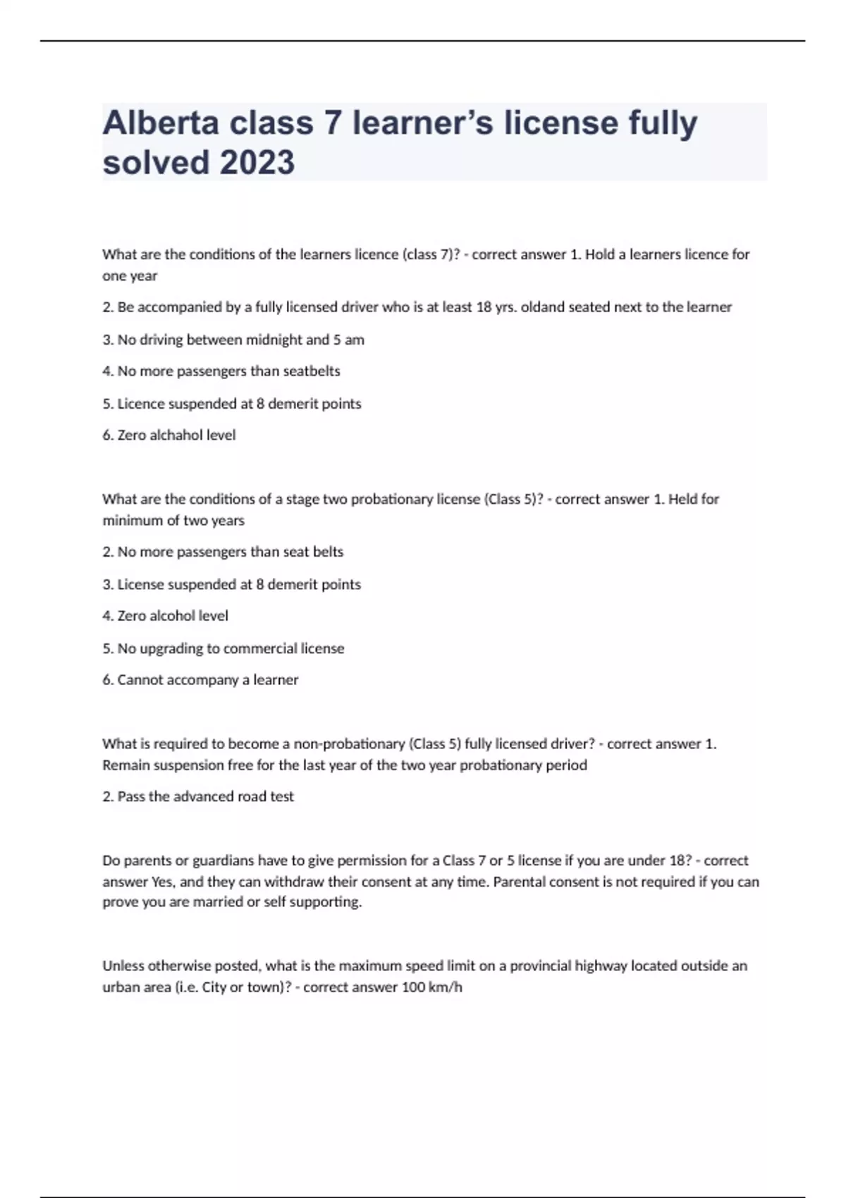 Alberta class 7 learner’s license Question and answers 100% correct ...
