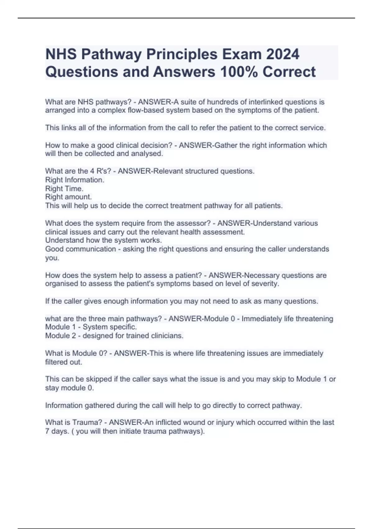 NHS Pathway Principles Exam 2024 Questions and Answers 100% Correct ...