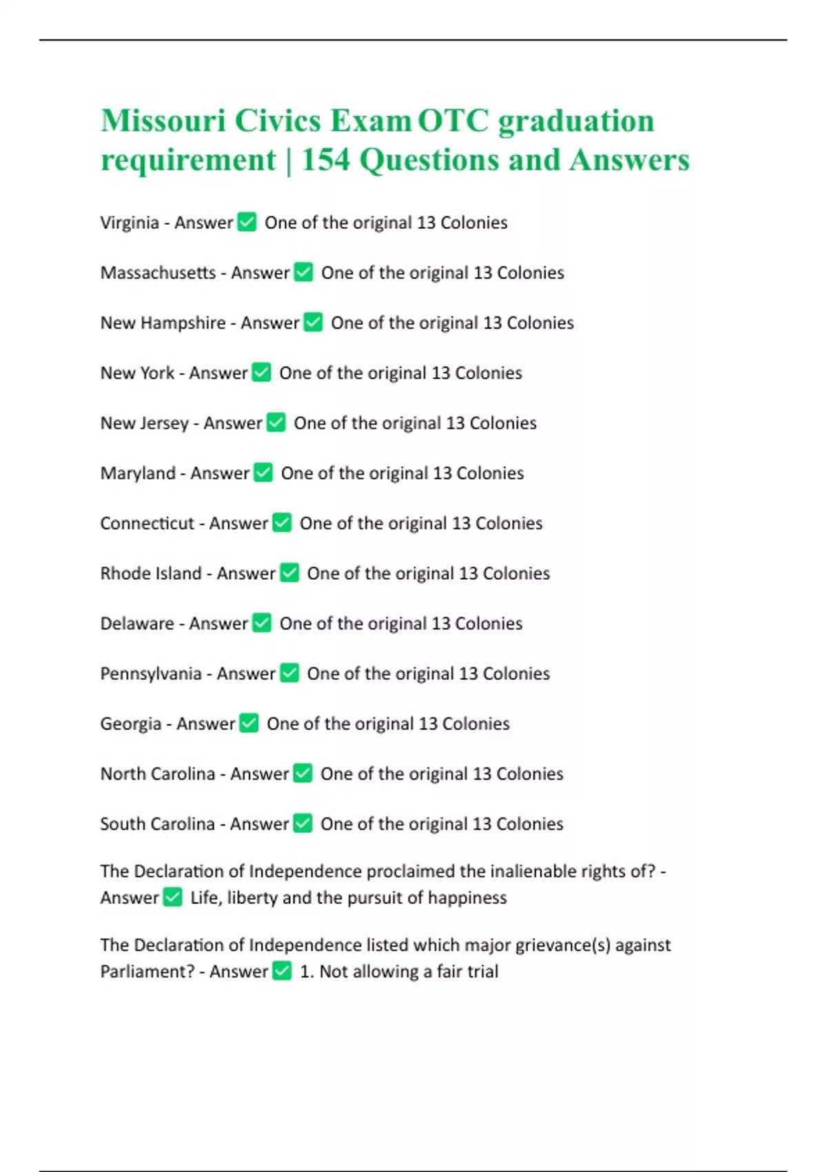 Missouri Civics Exam OTC graduation requirement | 154 Questions and ...