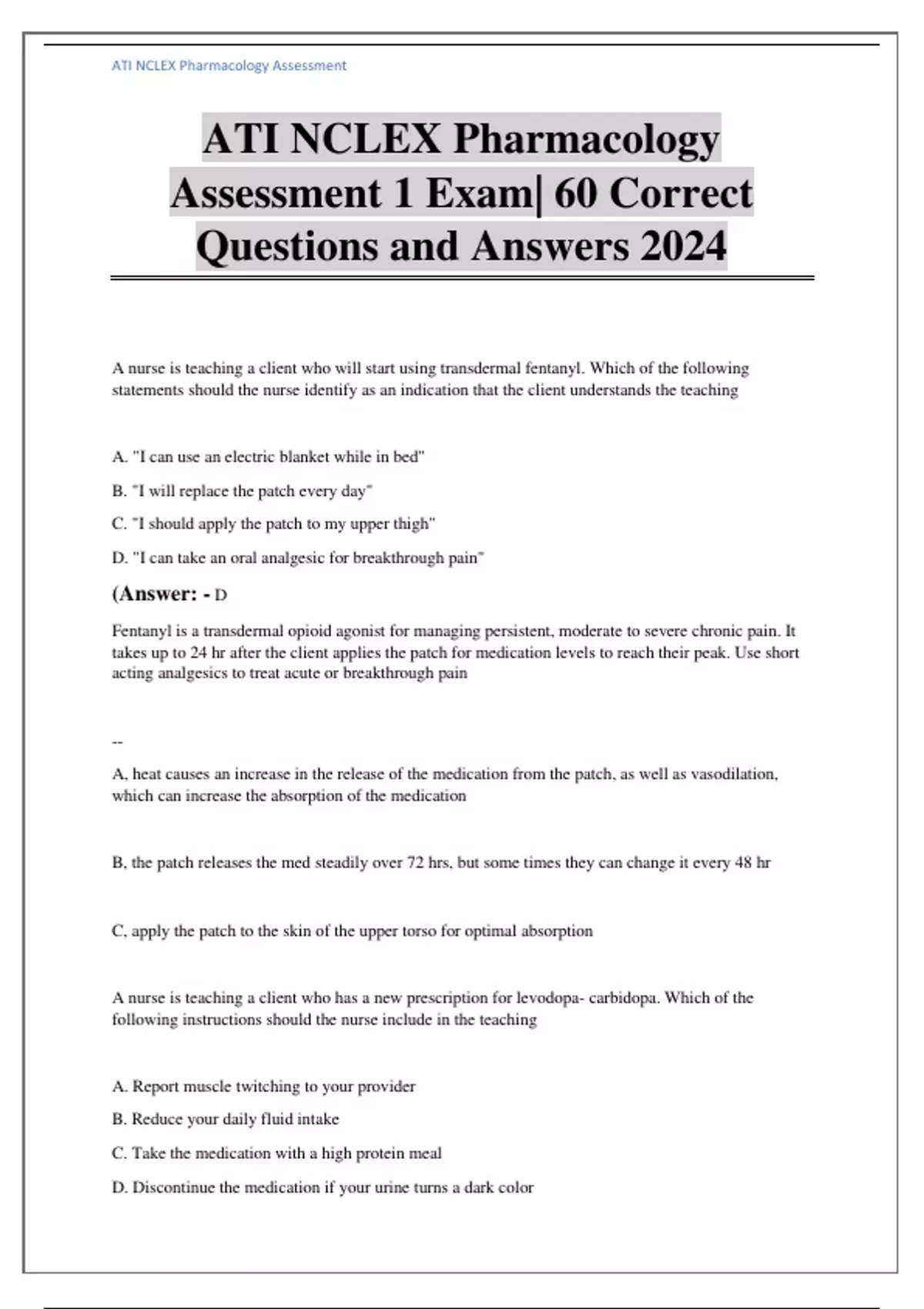 ATI NCLEX Pharmacology Assessment 1 Exam| 60 Correct Questions and ...