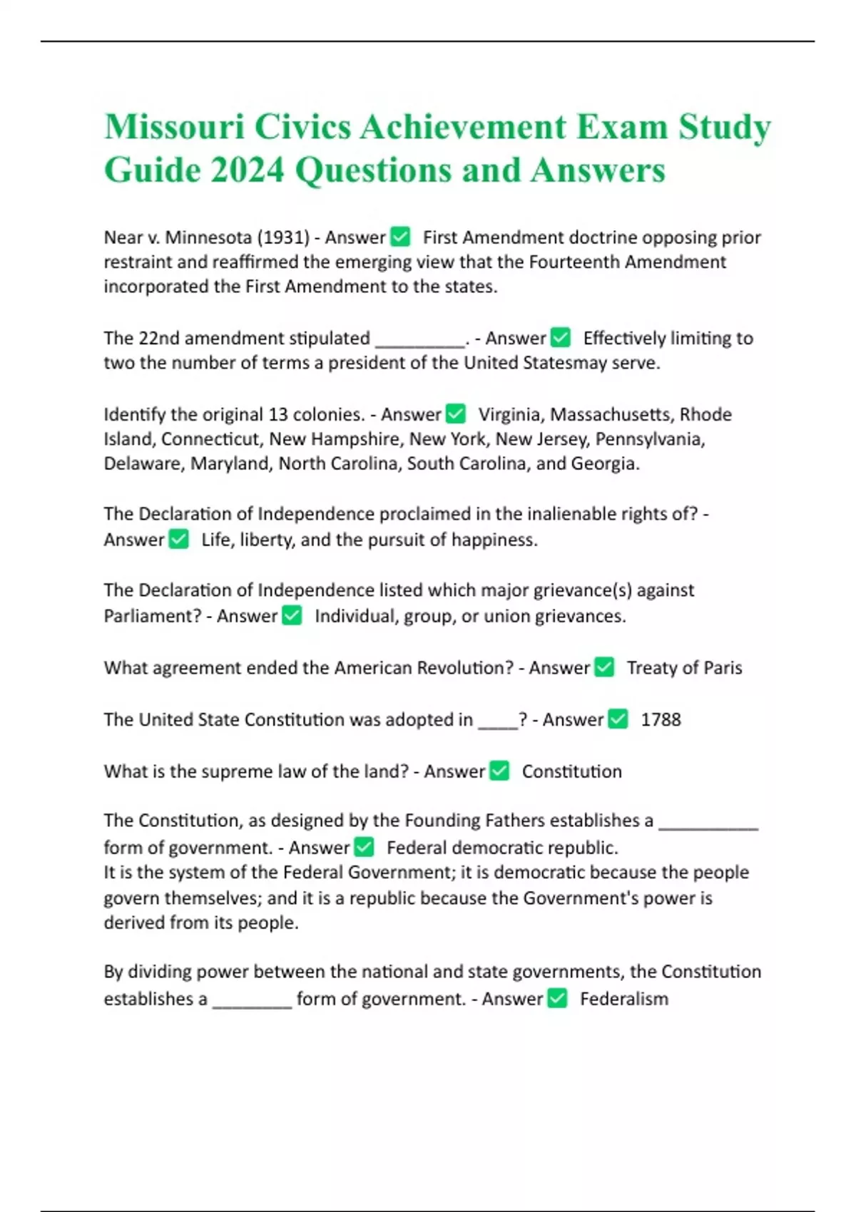 Missouri Civics Achievement Exam Study Guide 2024 Questions and Answers ...