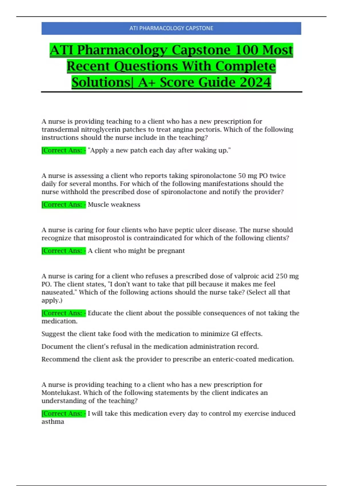 ATI Pharmacology Capstone 100 Most Recent Questions With Complete ...