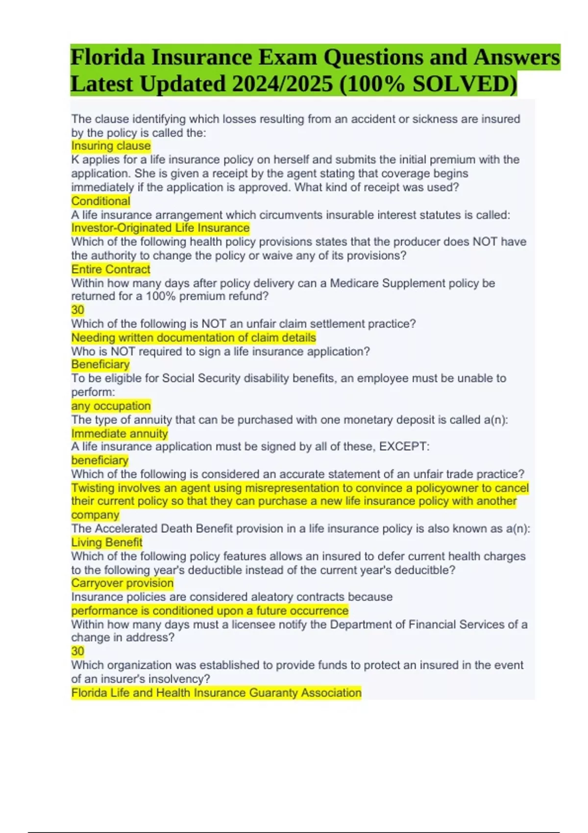 Florida Insurance Exam Questions and Answers Latest Updated 2024/2025 ...