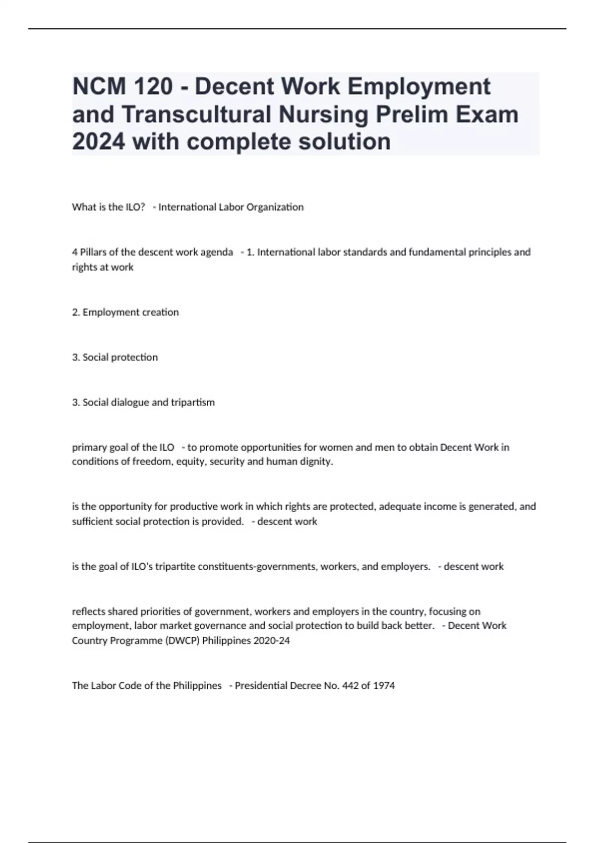NCM 120 - Decent Work Employment and Transcultural Nursing Prelim Exam 2024 with complete ...