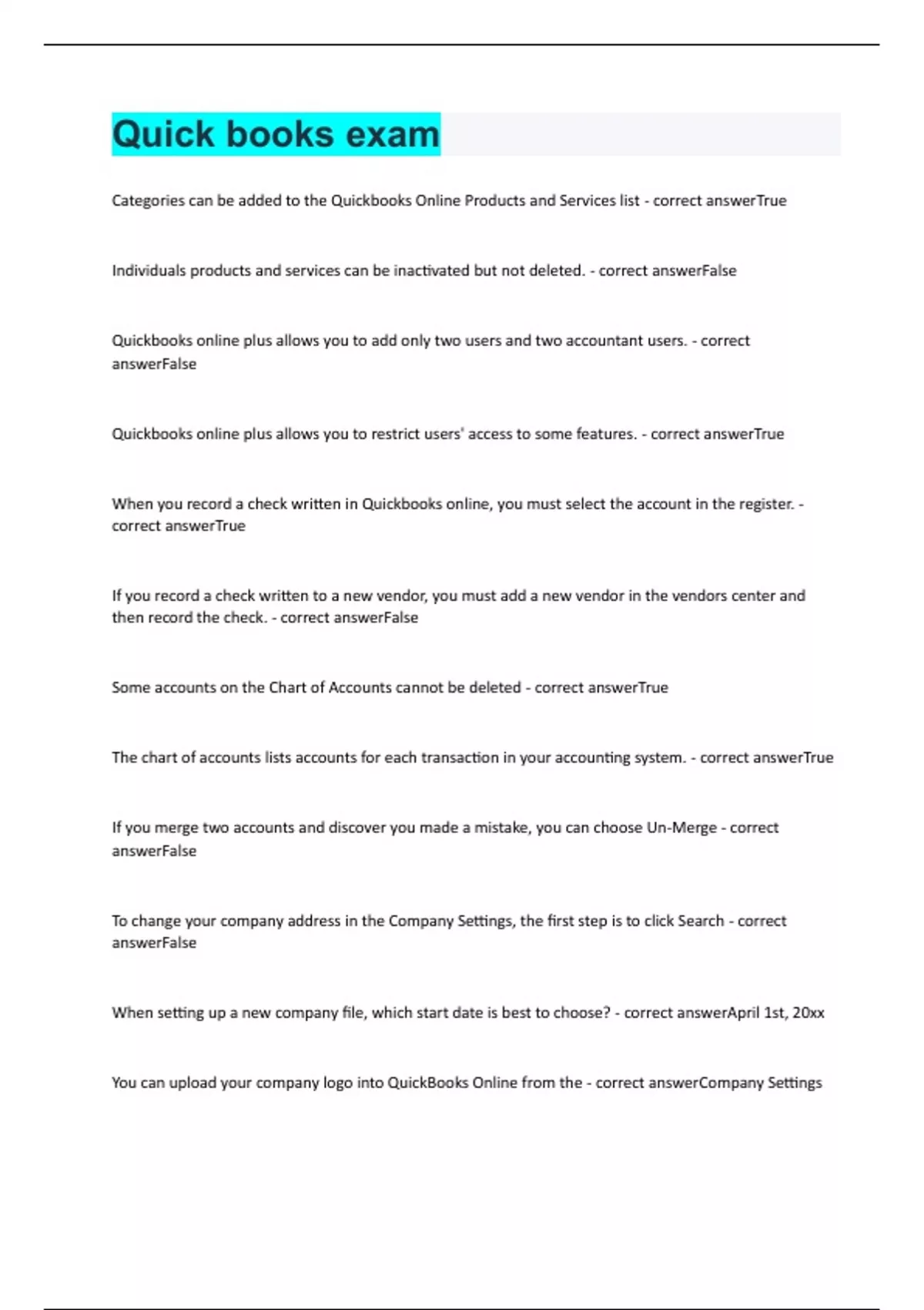 Quick books exam questions and answers latest update 2024 - Quickbooks ...