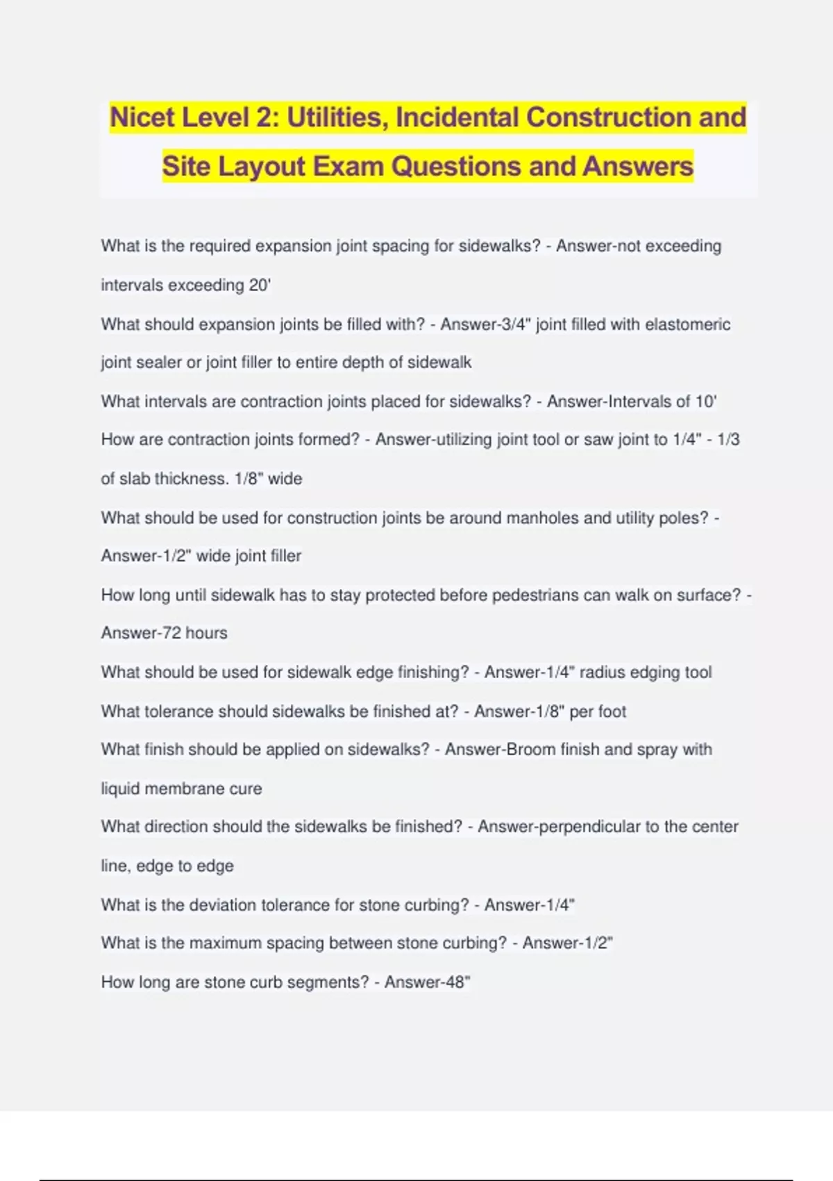 Nicet Level 2: Utilities, Incidental Construction and Site Layout Exam ...