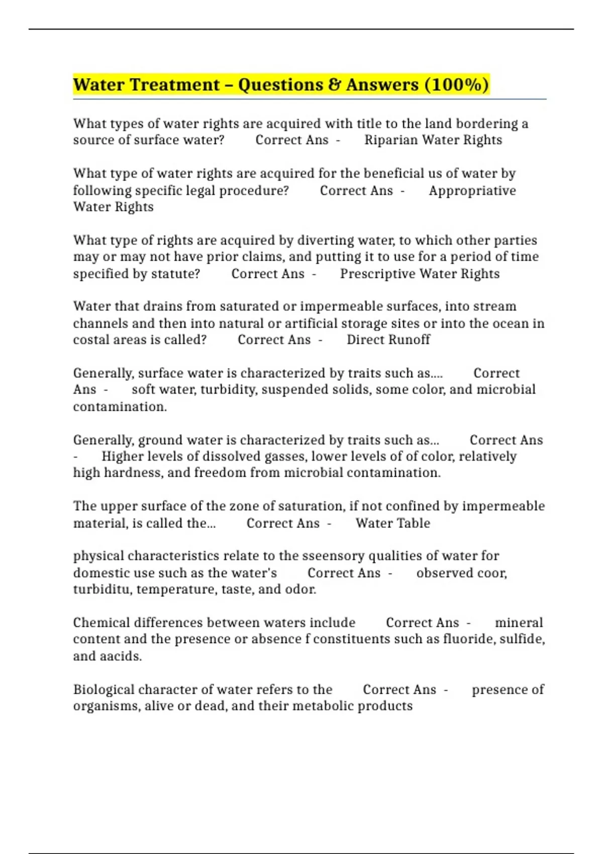 Water Treatment – Questions & Answers (100%) - DRINKING WATER TREATMENT ...