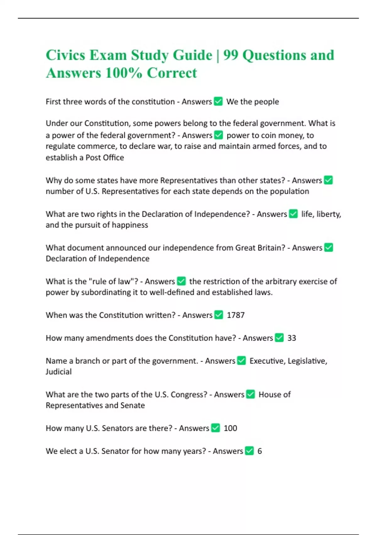 Civics Exam Study Guide | 99 Questions and Answers 100% Correct ...
