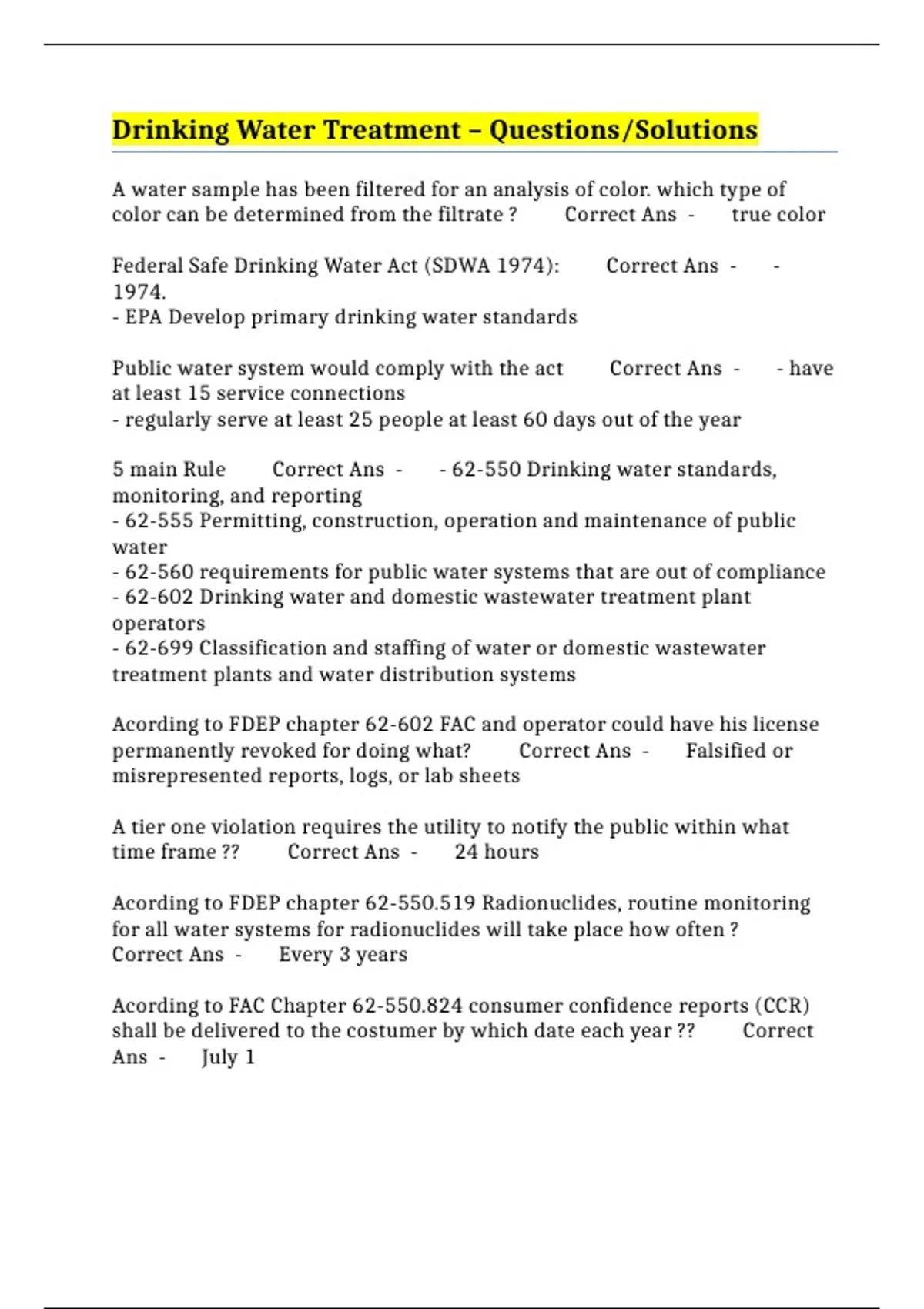 Drinking Water Treatment – Questions/Solutions - DRINKING WATER ...