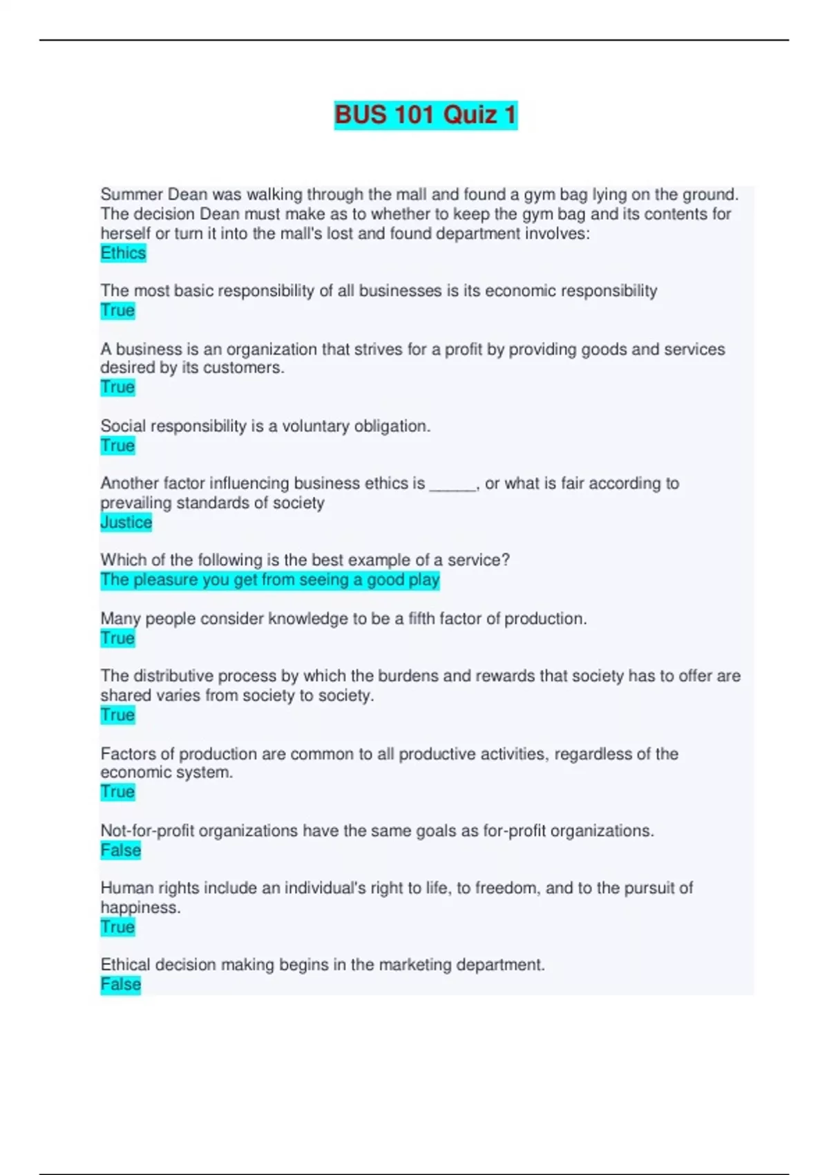 BUS 101 QUIZZES 1, 2, 4, 5, 6, 7 AND FINAL EXAM PACKAGE - Stuvia US