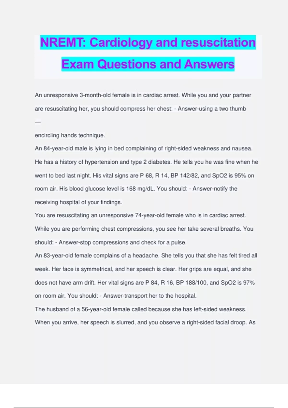 NREMT: Cardiology and resuscitation Exam Questions and Answers - NREMT ...