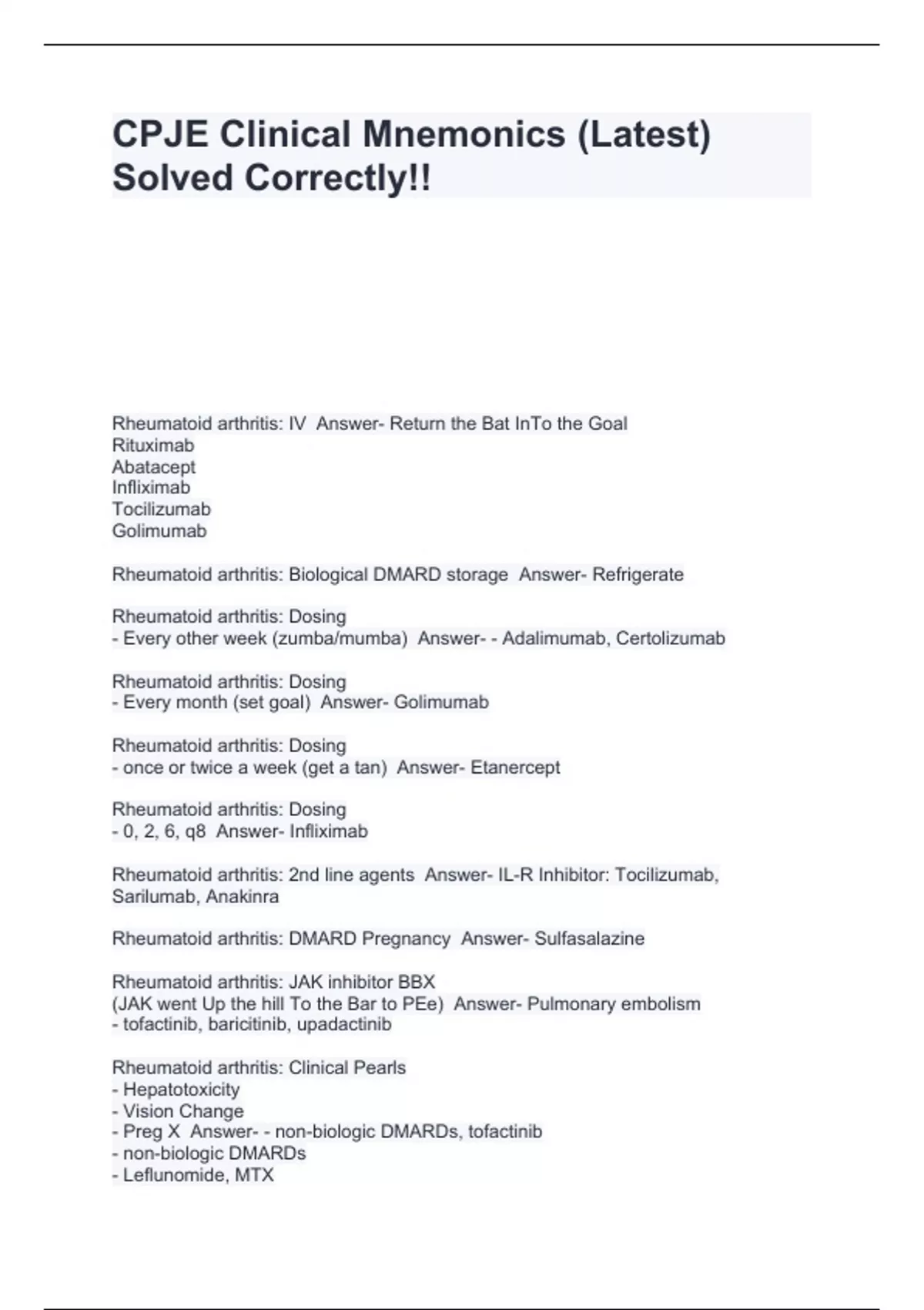 CPJE Clinical Mnemonics (Latest) Solved Correctly!! - CPJE Clinical ...
