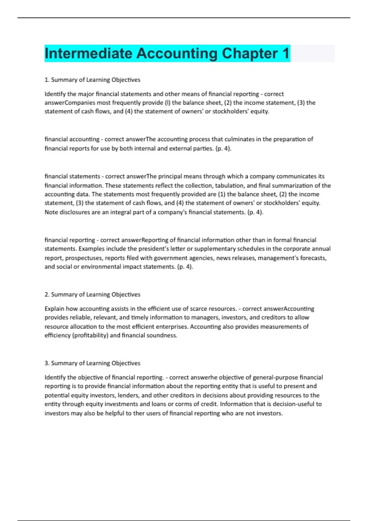 Intermediate Accounting Chapter 1 questions and answers latest update ...