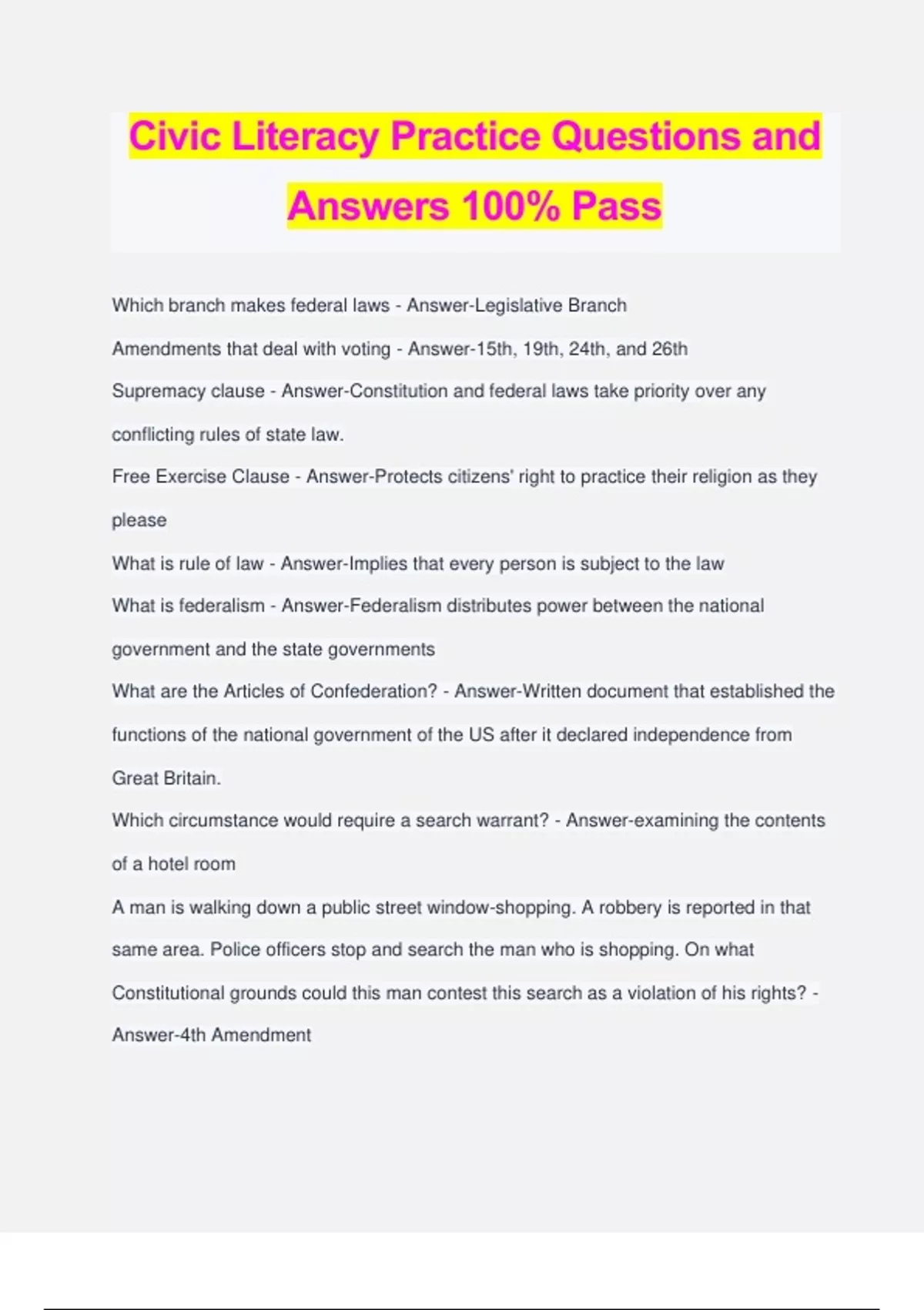 Civic Literacy Practice Questions and Answers 100% Pass - Civic ...