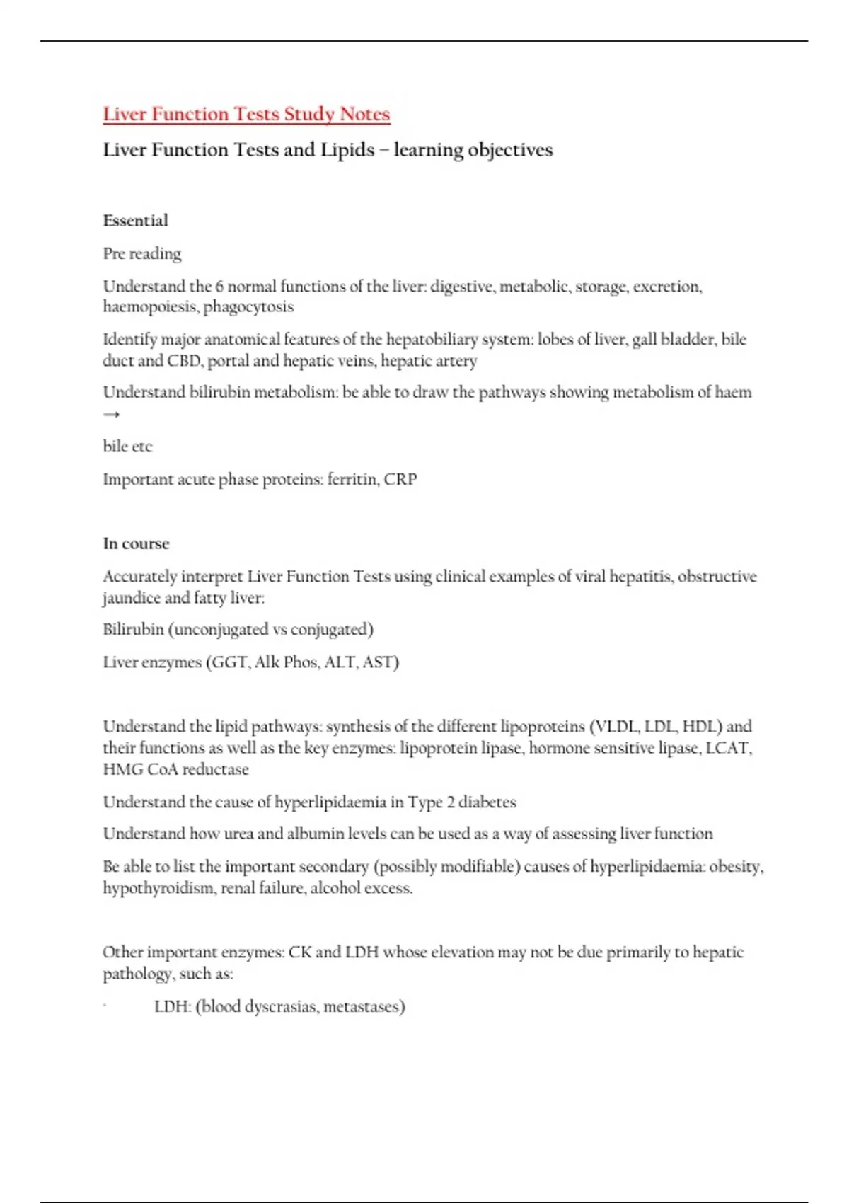Summary Liver Function Tests Study Notes - Liver Function - Stuvia US