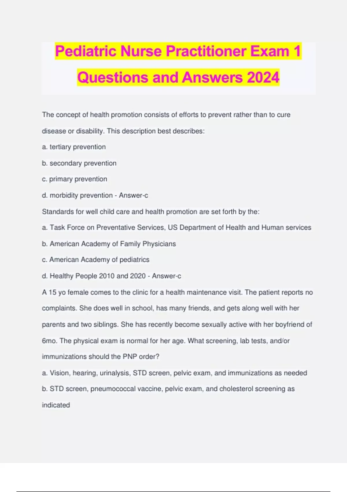 Pediatric Nurse Practitioner Exam 1 Questions and Answers 2024 ...