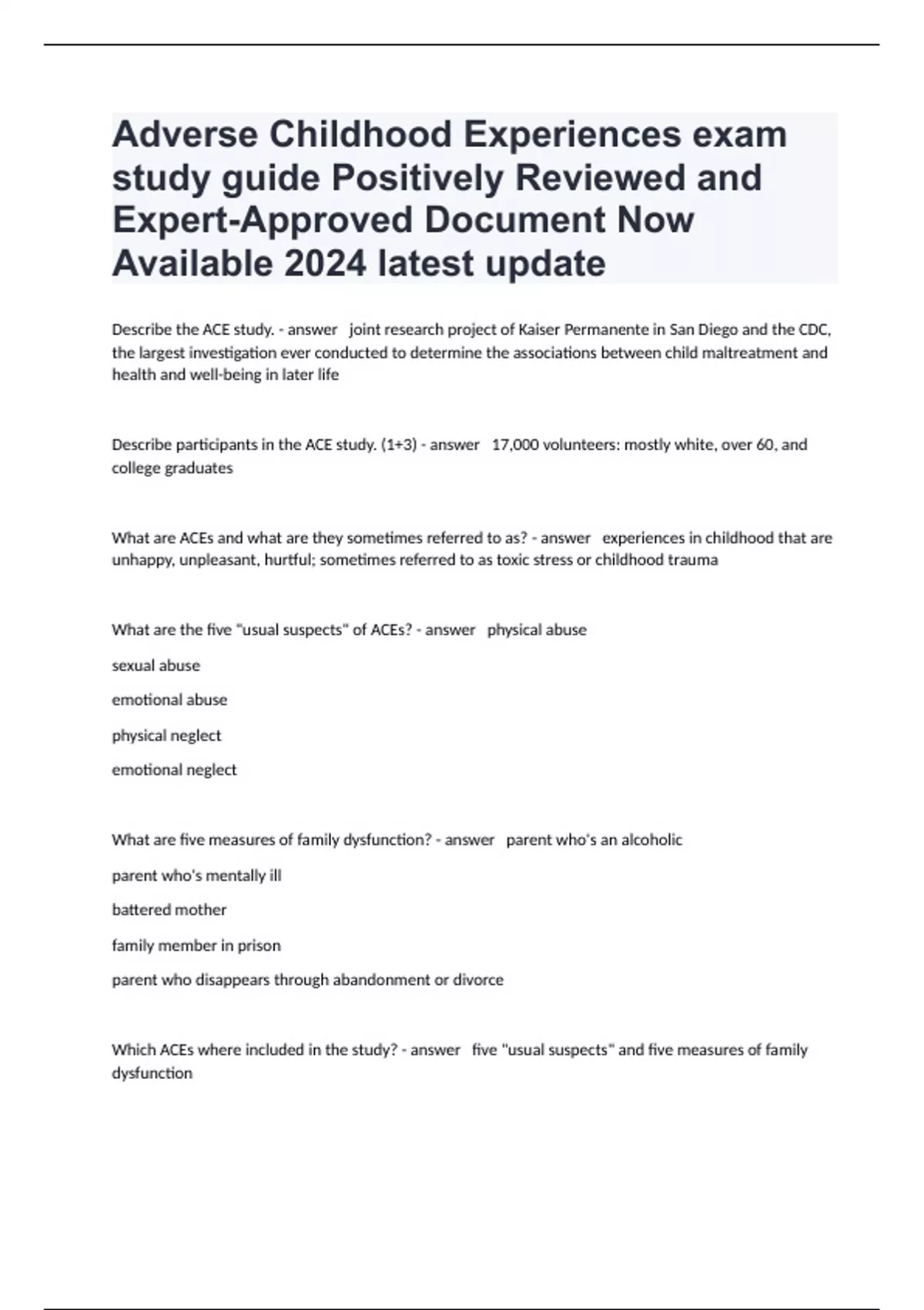 Adverse Childhood Experiences exam study guide Positively Reviewed and ...