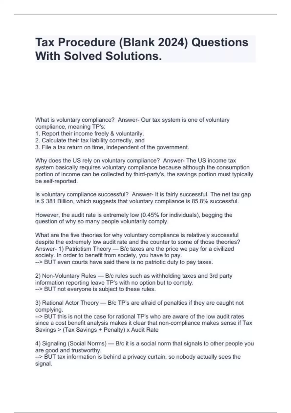 Tax Procedure (Blank 2024) Questions With Solved Solutions. - Tax ...