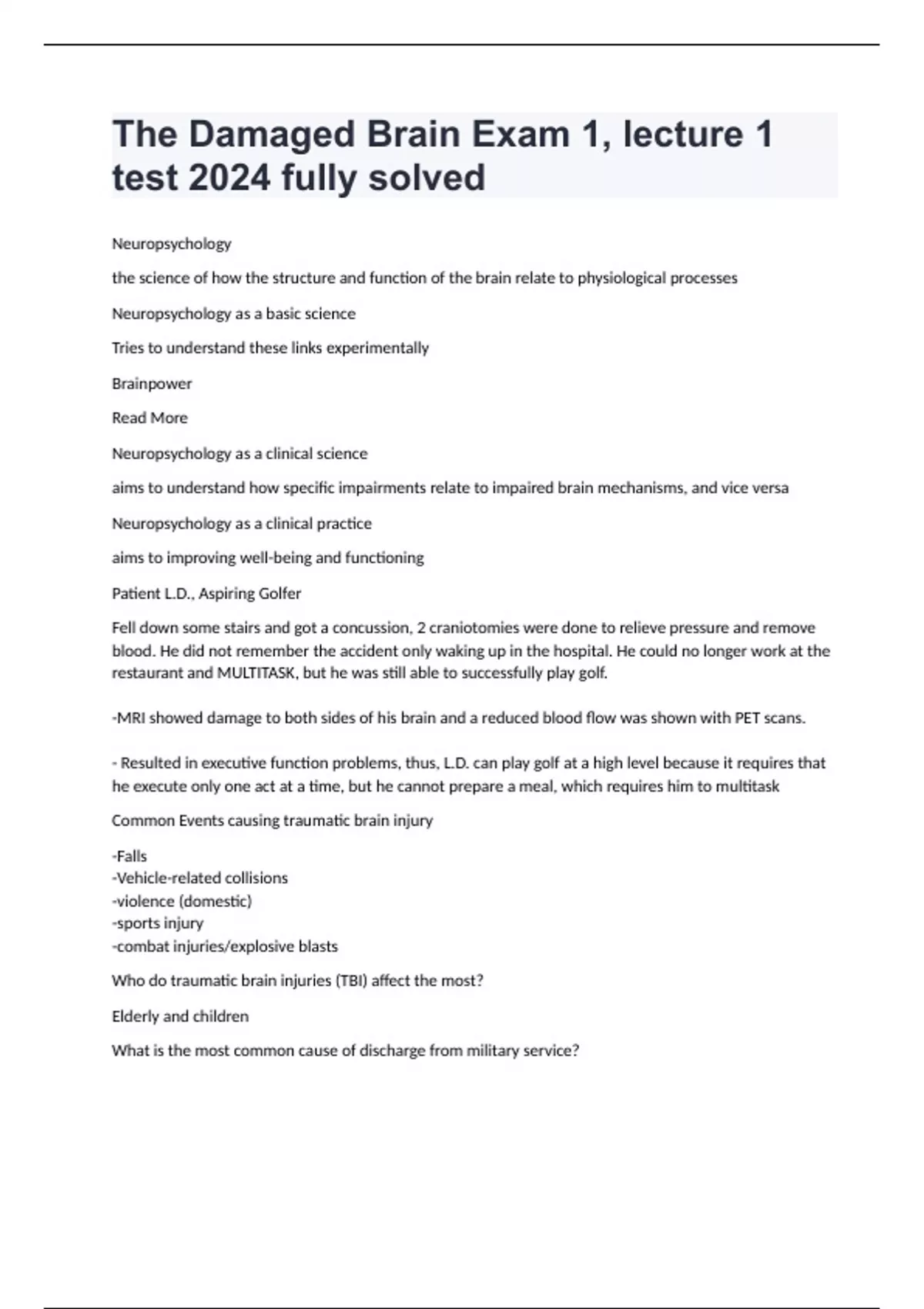 The Damaged Brain Exam 1, lecture 1 test 2024 fully solved - BRAIN ...