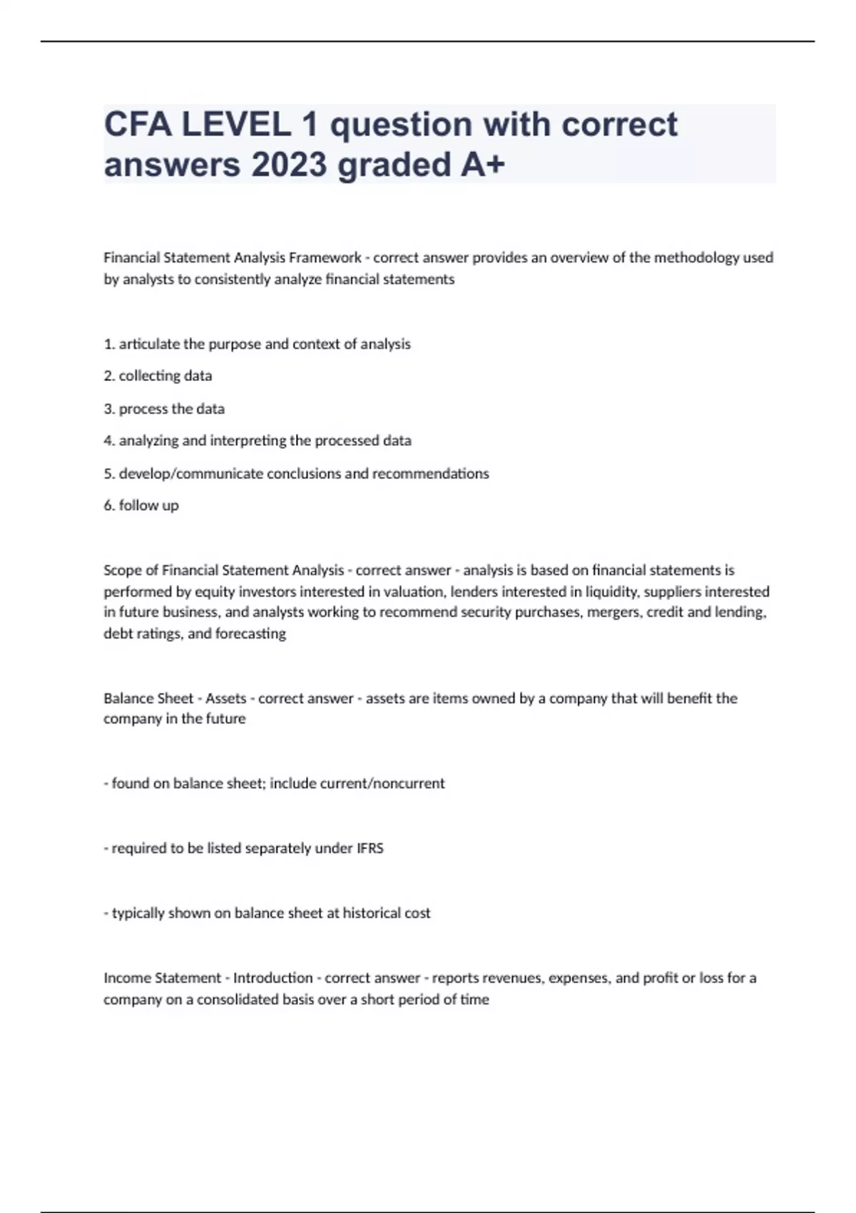 CFA LEVEL 1 question and answers rated A+ 2024 - CFA Level 1 - Stuvia US