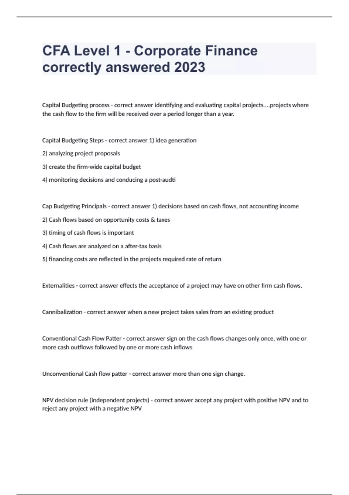 CFA Level 1 - Corporate Finance Question and answers 100% correct 2024 - CFA Level 1 - Stuvia US