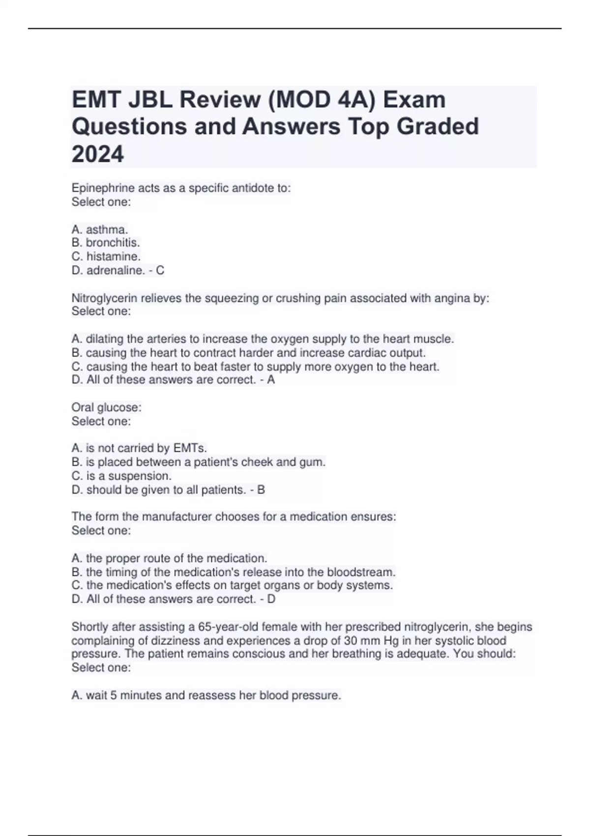 EMT JBL Review (MOD 4A) Exam Questions and Answers Top Graded 2024 ...