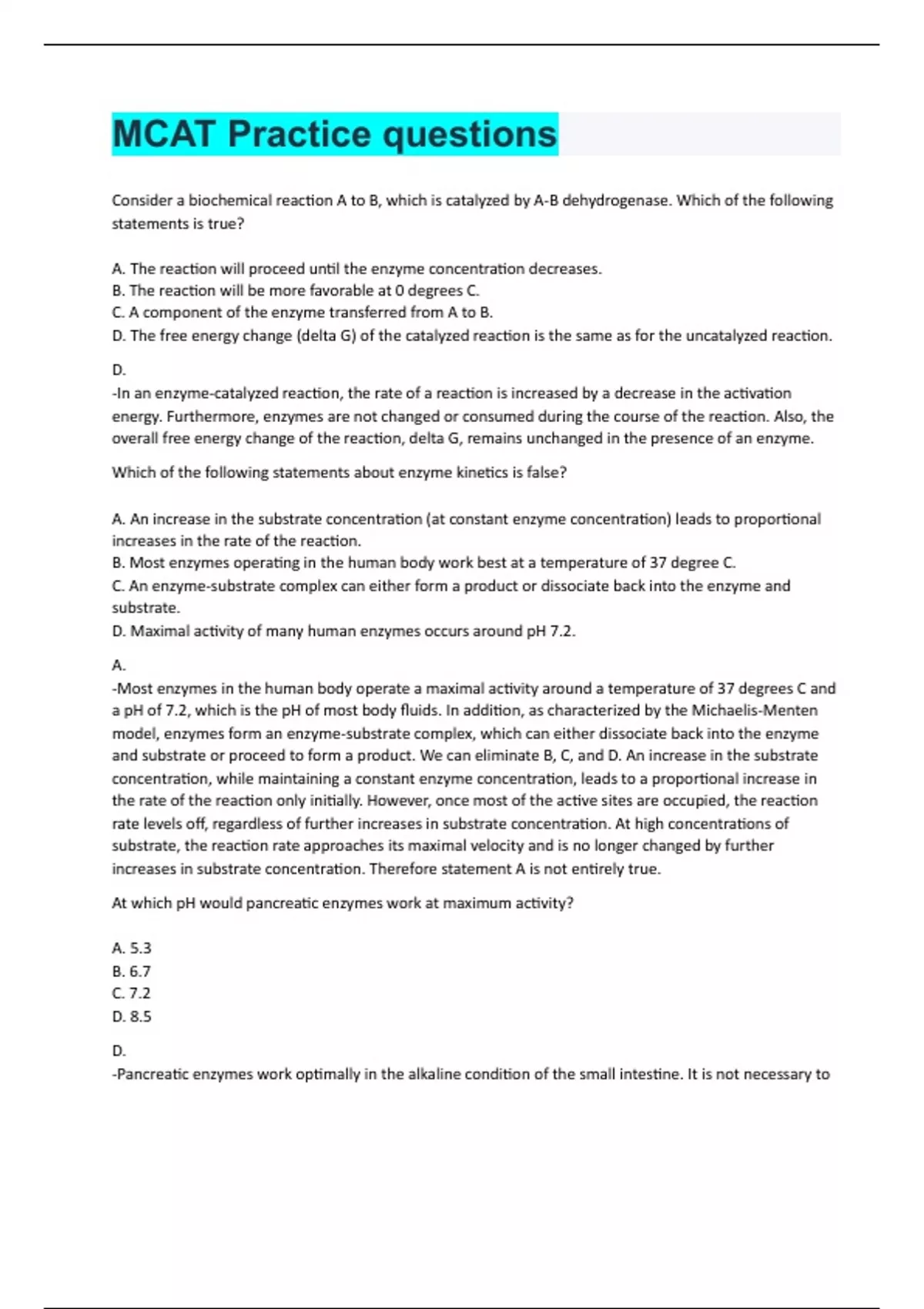 MCAT Practice questions and answers latest update 2024 - MCAT prep ...