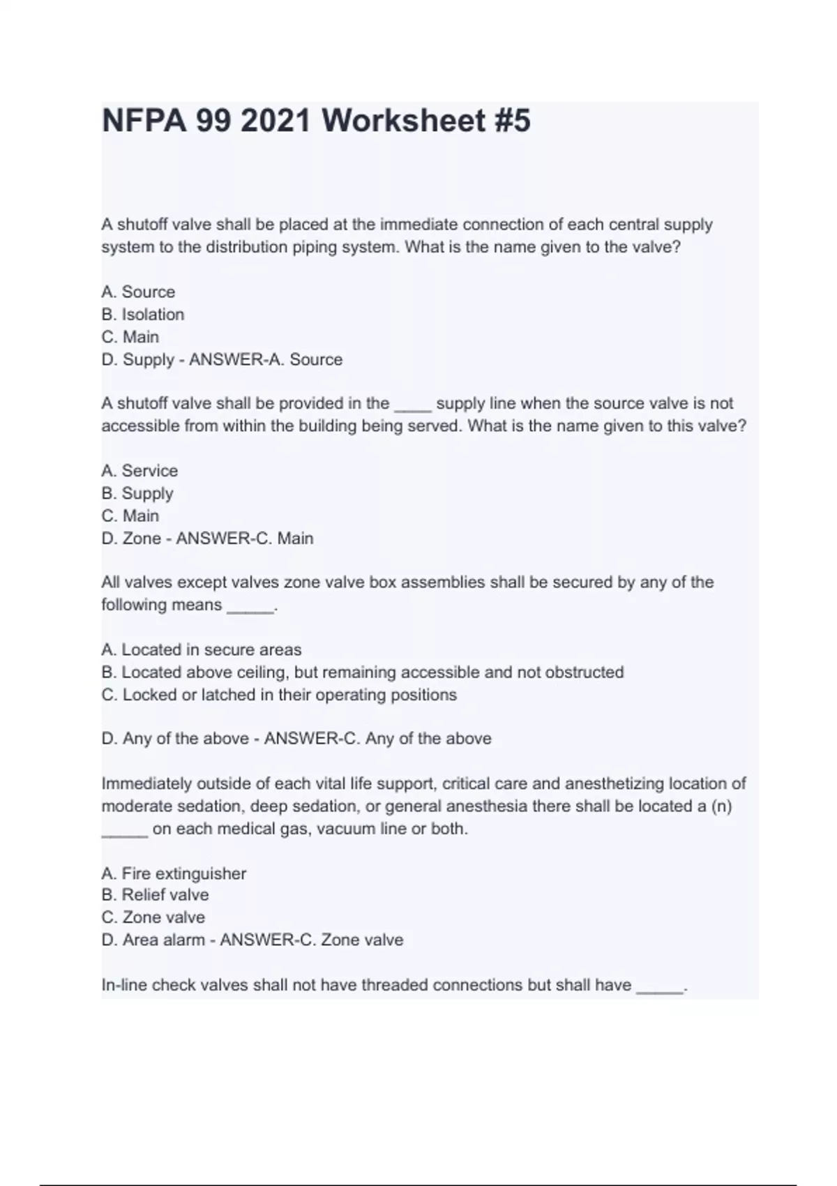 NFPA 99 2021 Worksheet #5 updated 2024 with complete solution - NFPA 99 ...