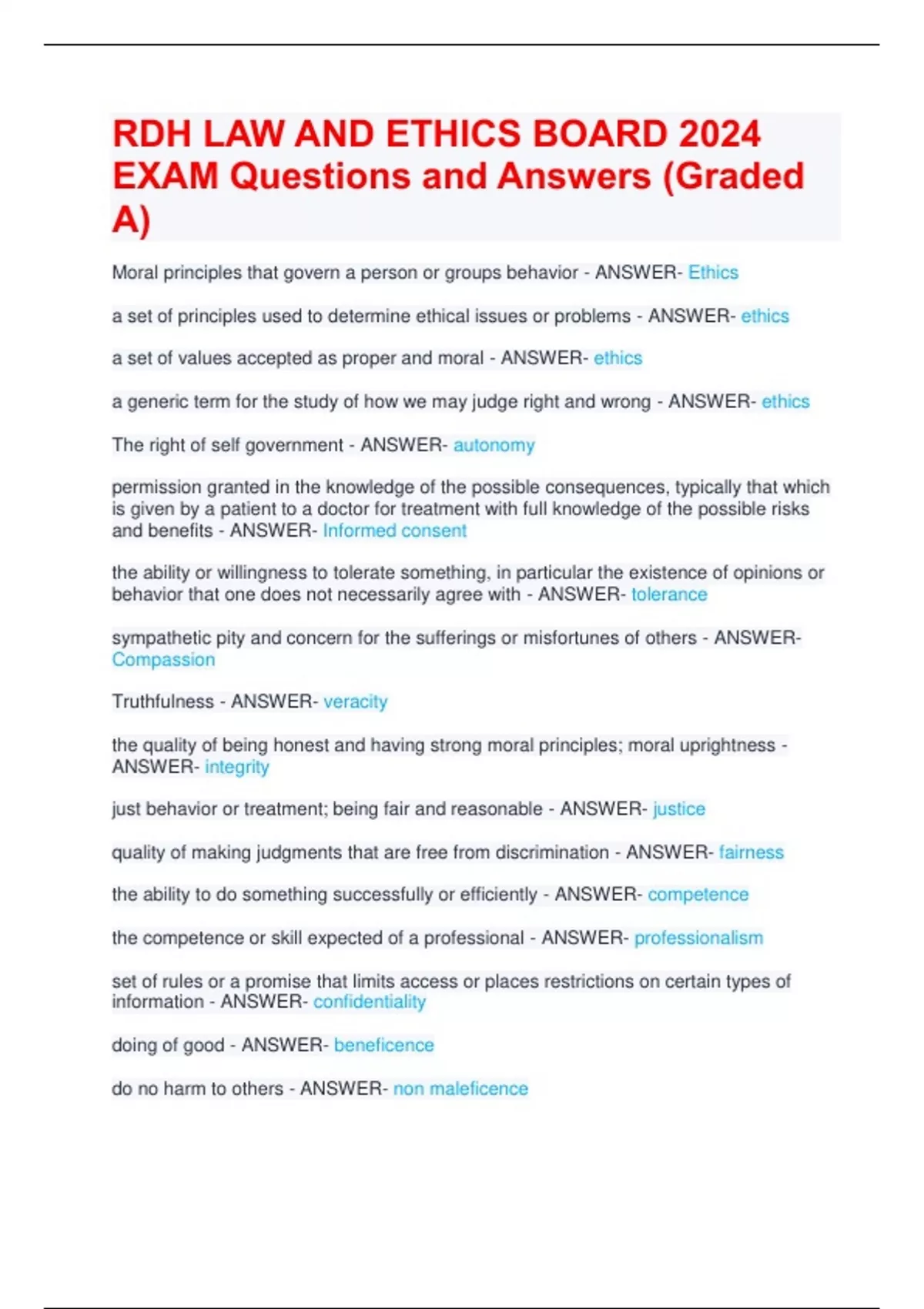 RDH LAW AND ETHICS BOARD 2024 EXAM Questions and Answers (Graded A ...