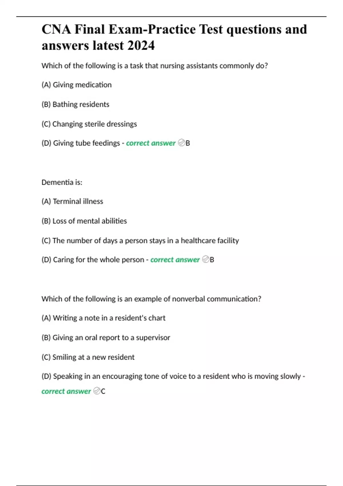 CNA Final Exam-Practice Test questions and answers latest 2024 - CNA ...