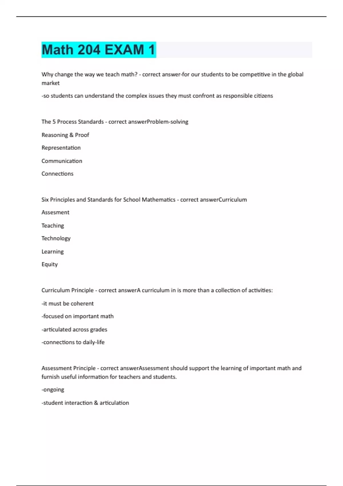 Math 204 EXAM 1 Question and answers latest update 2024 - Math 204 ...