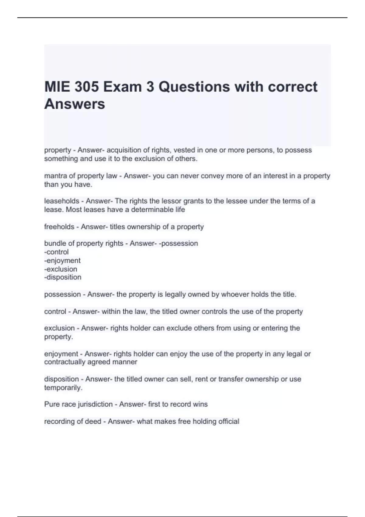 MIE 305 Exam 3 Questions with correct Answers 2024 - MIE 305 - Stuvia US