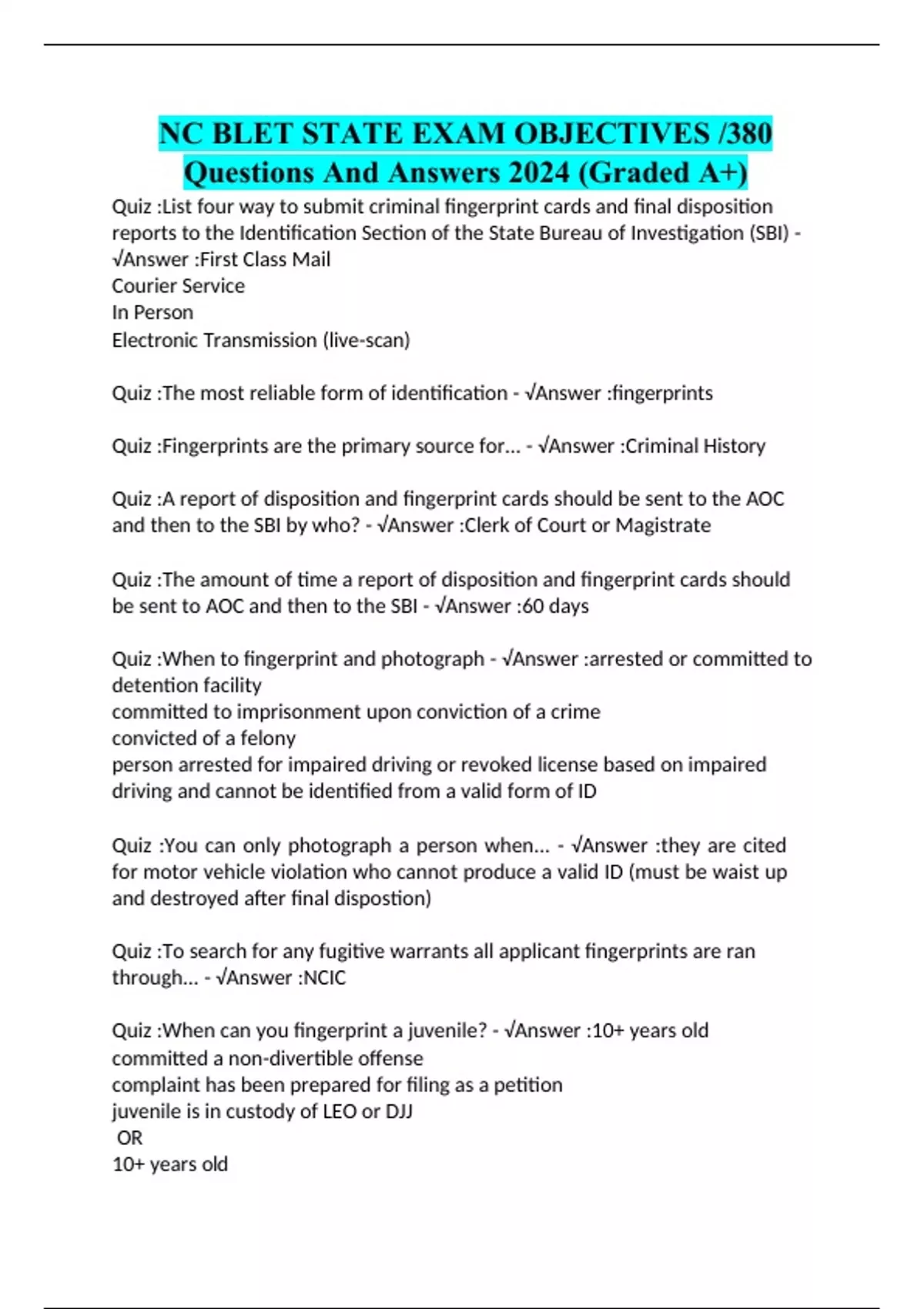 NC BLET STATE EXAM OBJECTIVES /380 Questions And Answers 2024 (Graded ...