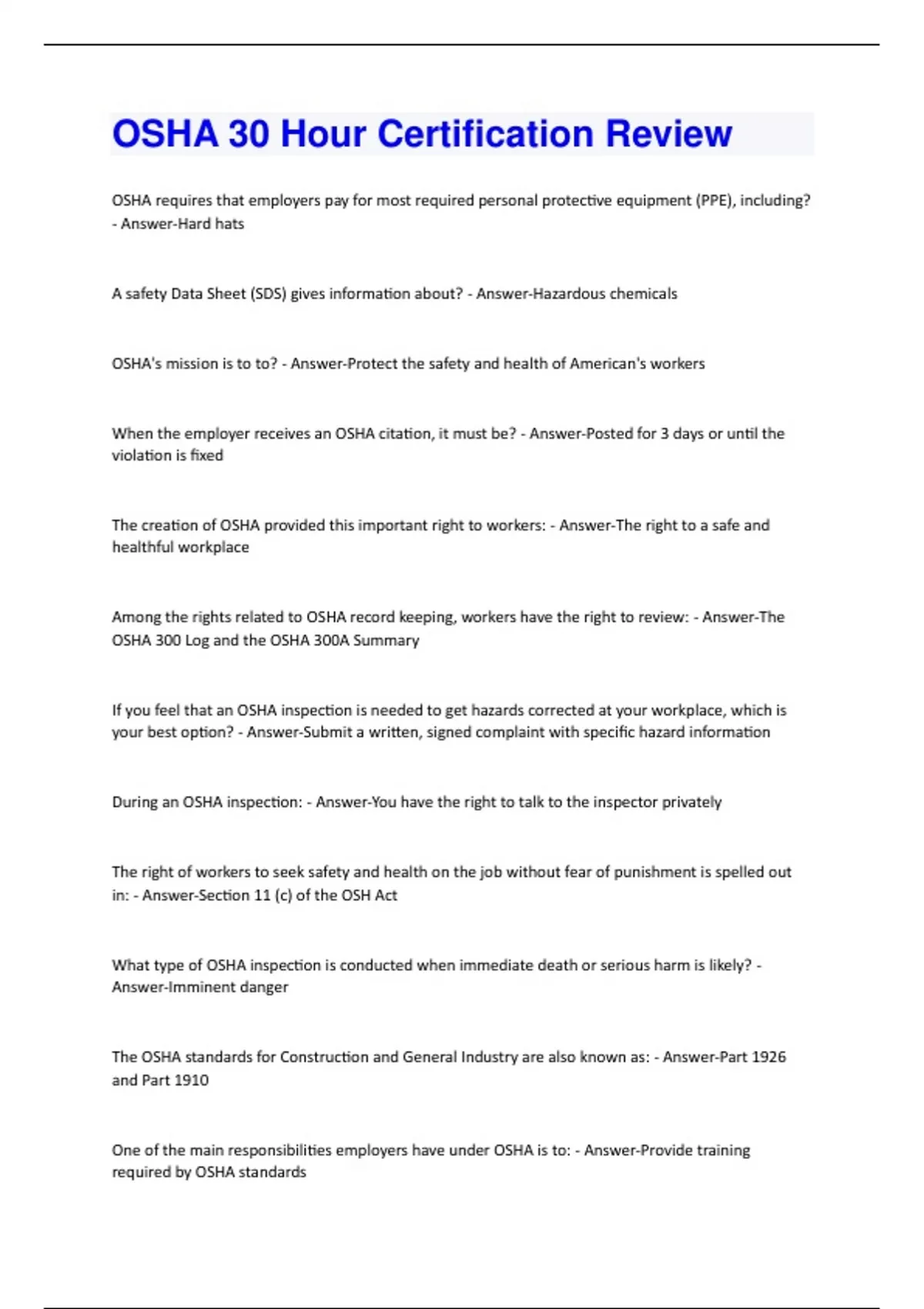 OSHA 30 Hour Certification Review Questions and Answers with complete ...