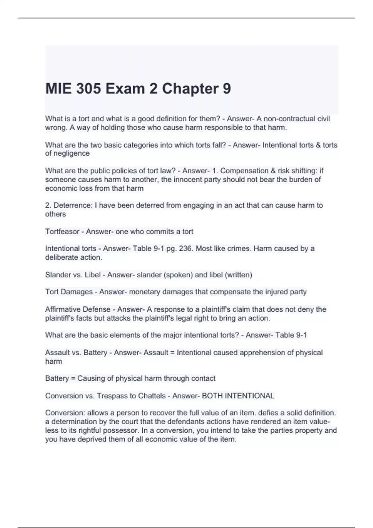 MIE 305 Exam 2 Chapter 9 Questions and Answers 2024 - MIE 305 - Stuvia US