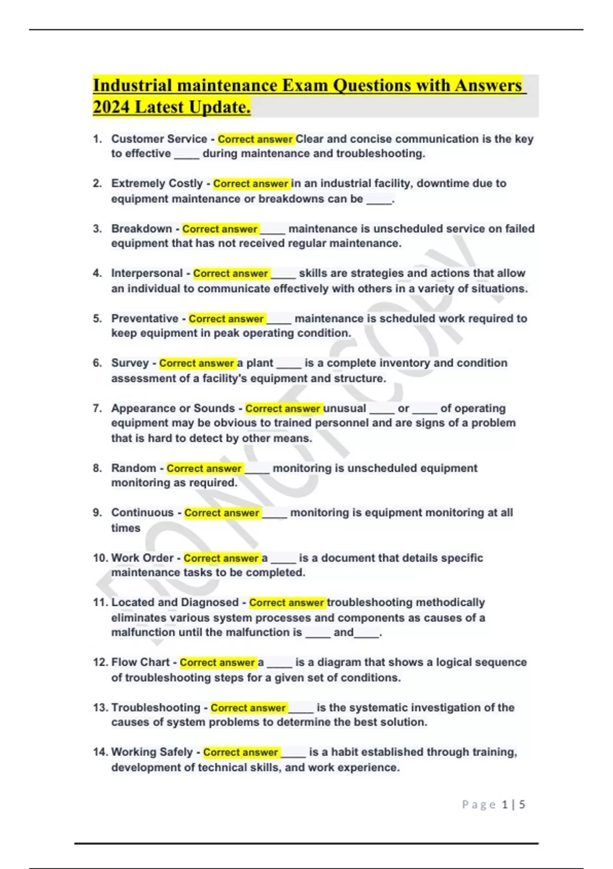 Industrial maintenance Exam Questions with Answers 2024 Latest Update ...