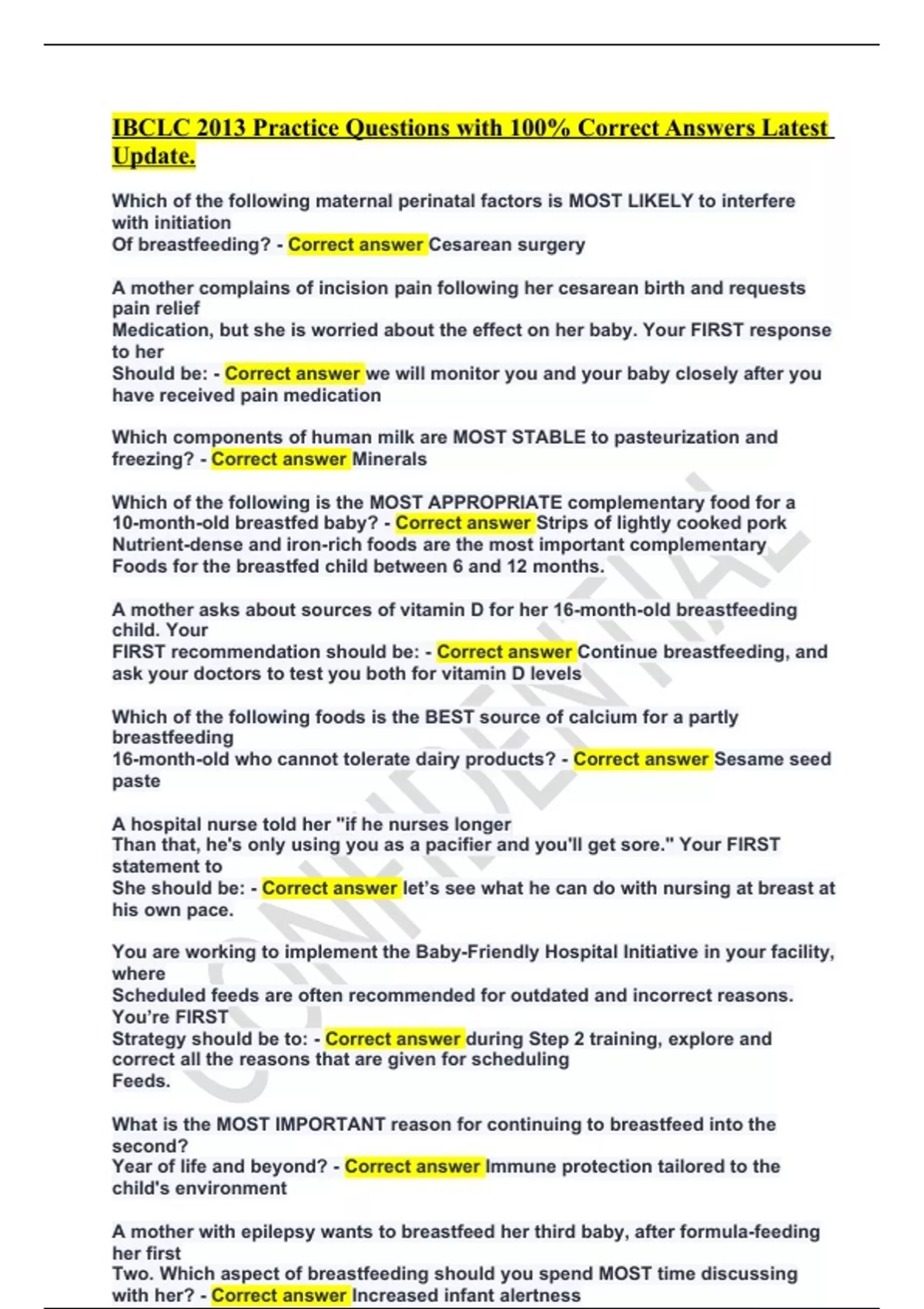 IBCLC 2013 Practice Questions with 100% Correct Answers Latest Update ...