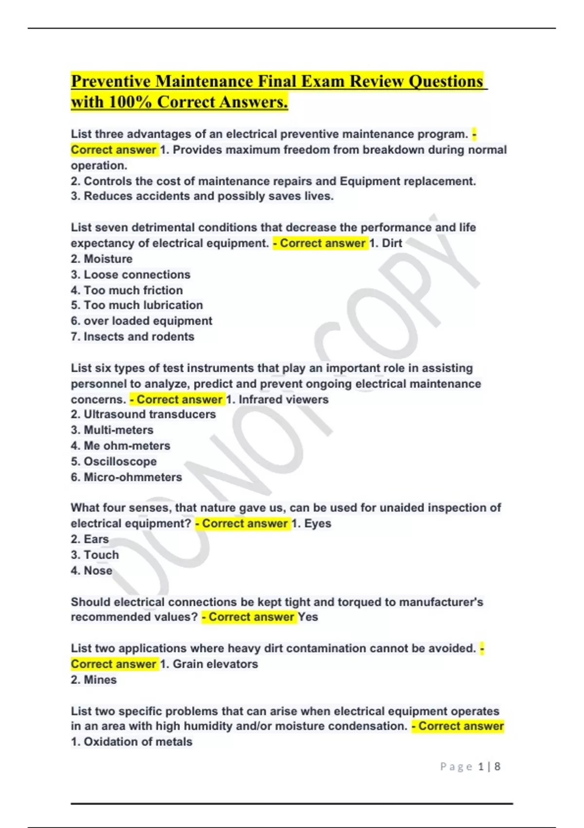 Preventive Maintenance Final Exam Review Questions with 100% Correct ...