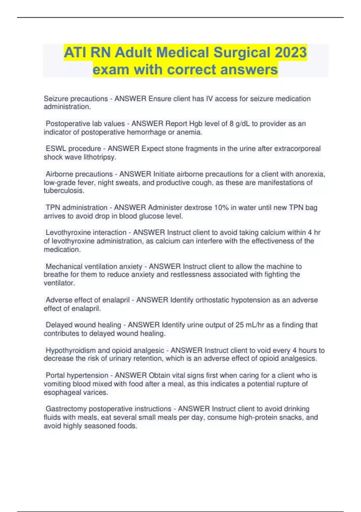 ATI RN Adult Medical Surgical 2023 exam with correct answers - ATI RN ...