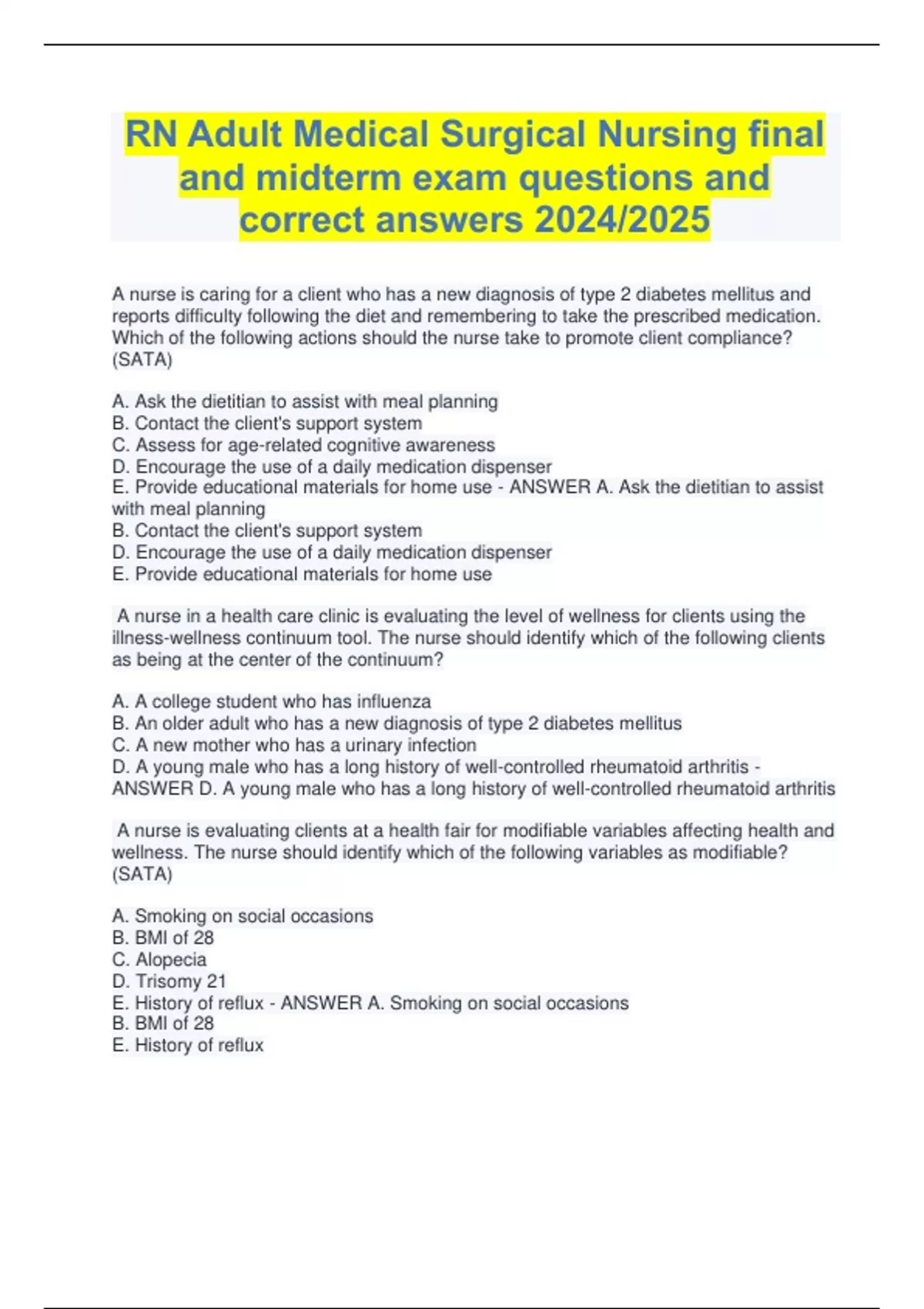 RN Adult Medical Surgical Nursing final and midterm exam questions and ...