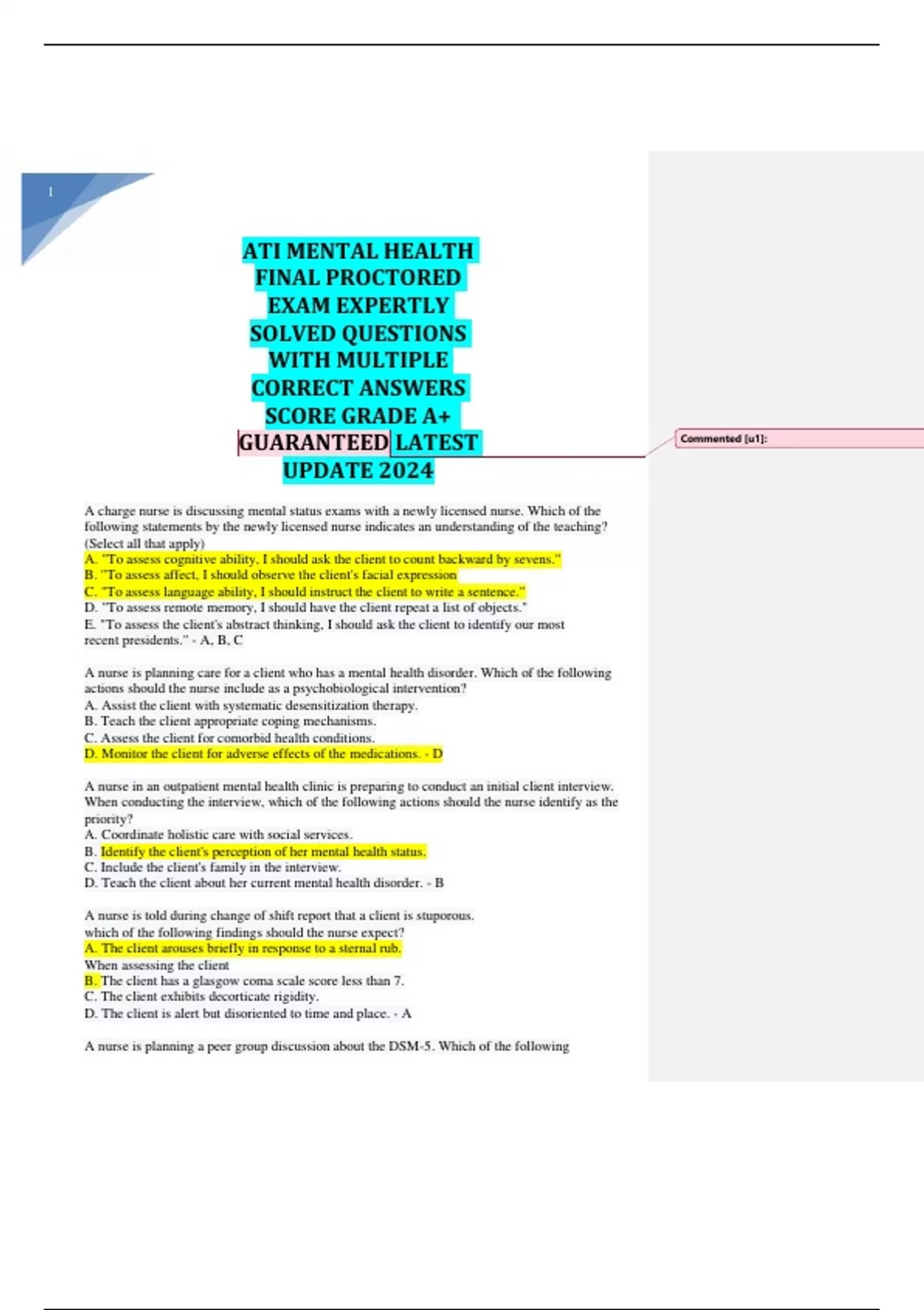 ATI MENTAL HEALTH FINAL PROCTORED EXAM EXPERTLY SOLVED QUESTIONS WITH ...