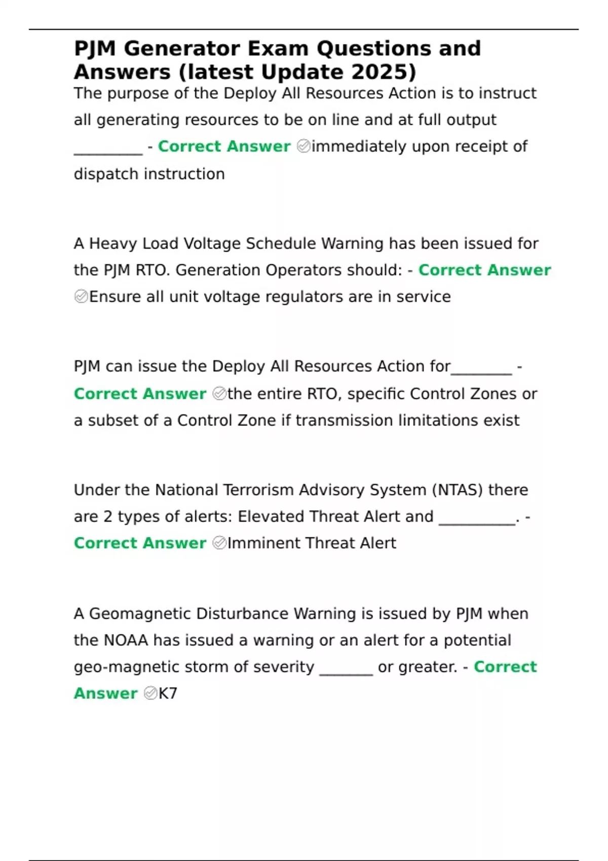 PJM Generator Exam Questions and Answers (latest Update 2025) - PJM ...