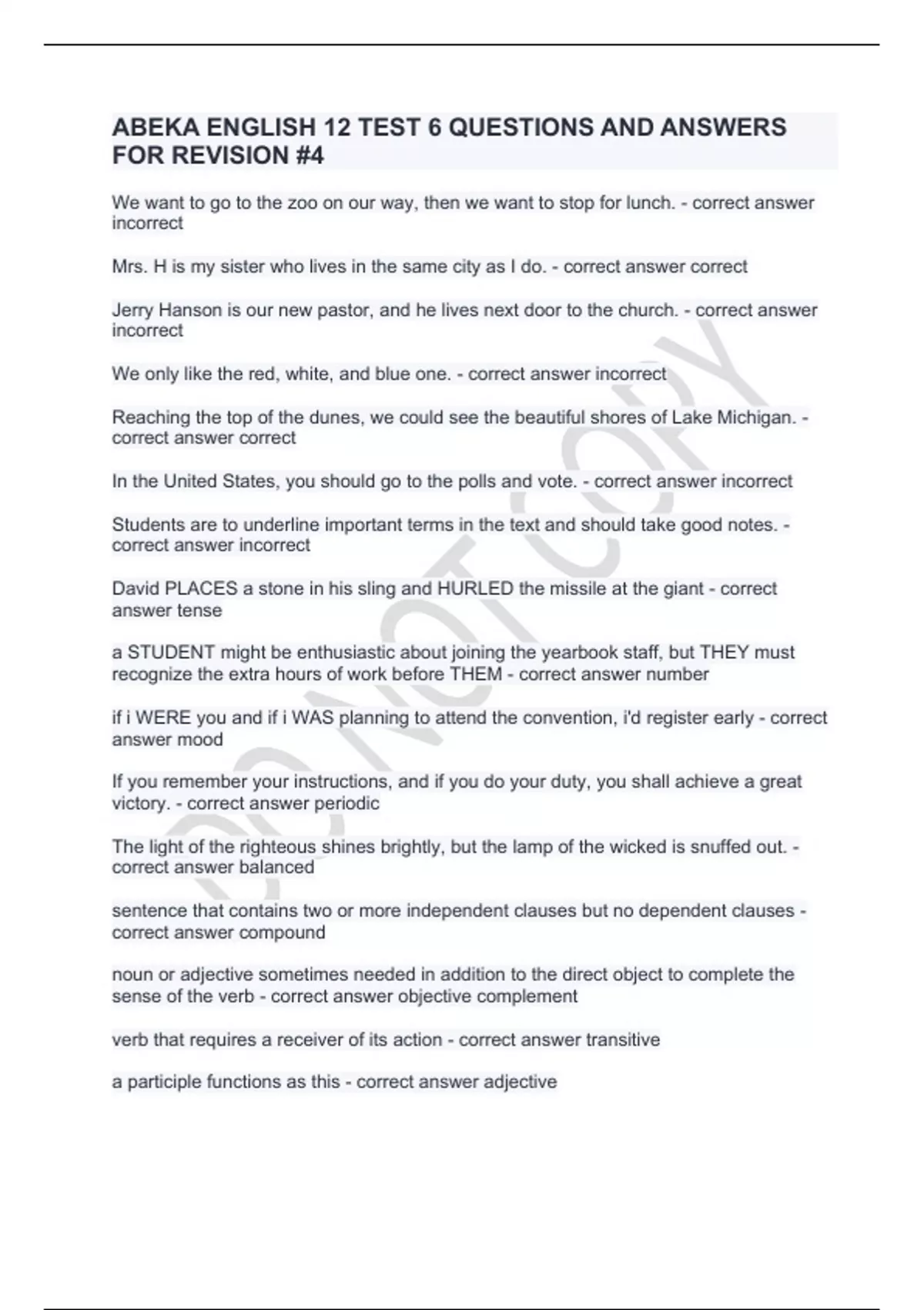 ABEKA ENGLISH 12 TEST 6 QUESTIONS AND ANSWERS FOR REVISION #4 - ABEKA ...