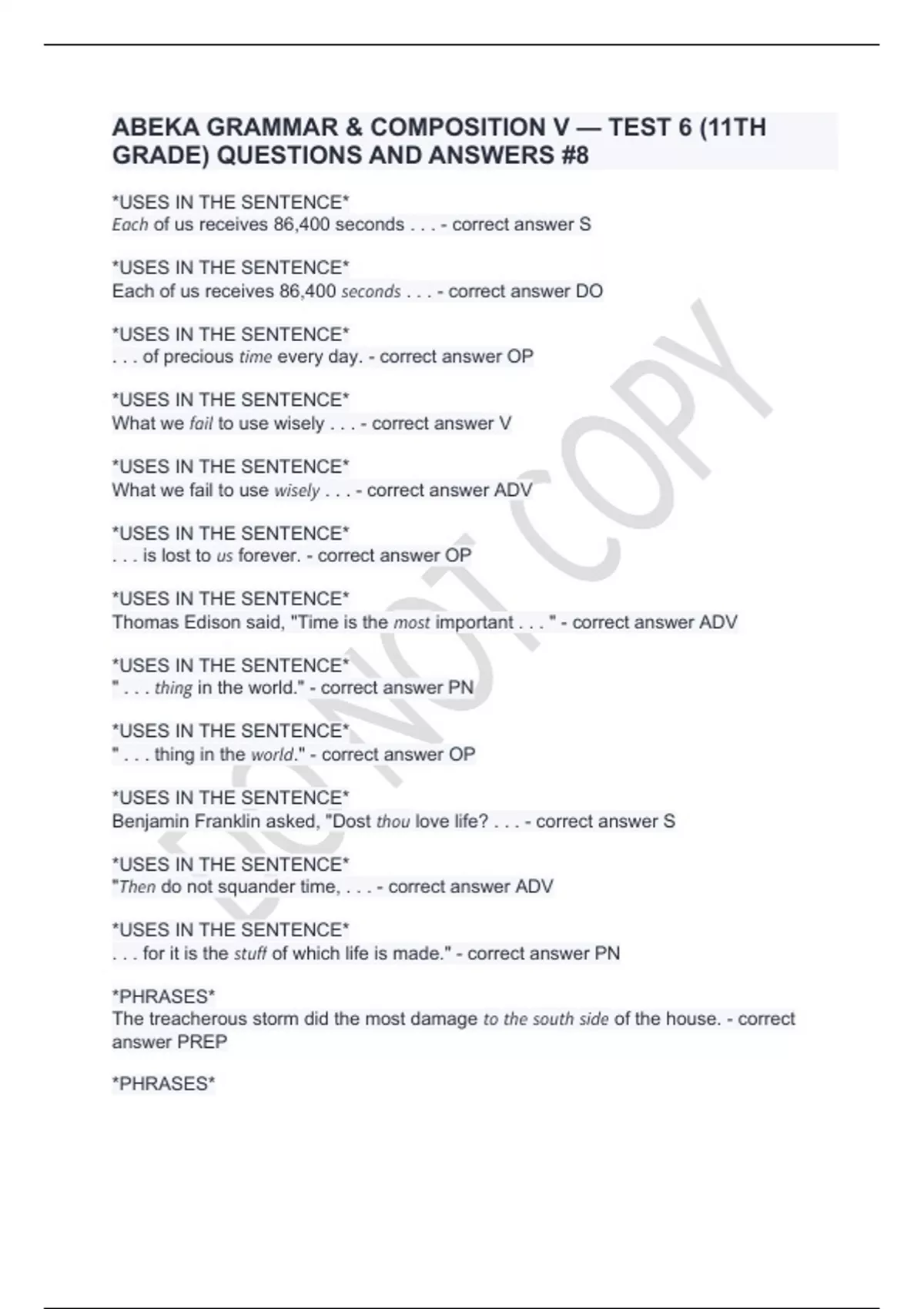 ABEKA GRAMMAR & COMPOSITION V — TEST 6 (11TH GRADE) QUESTIONS AND ...