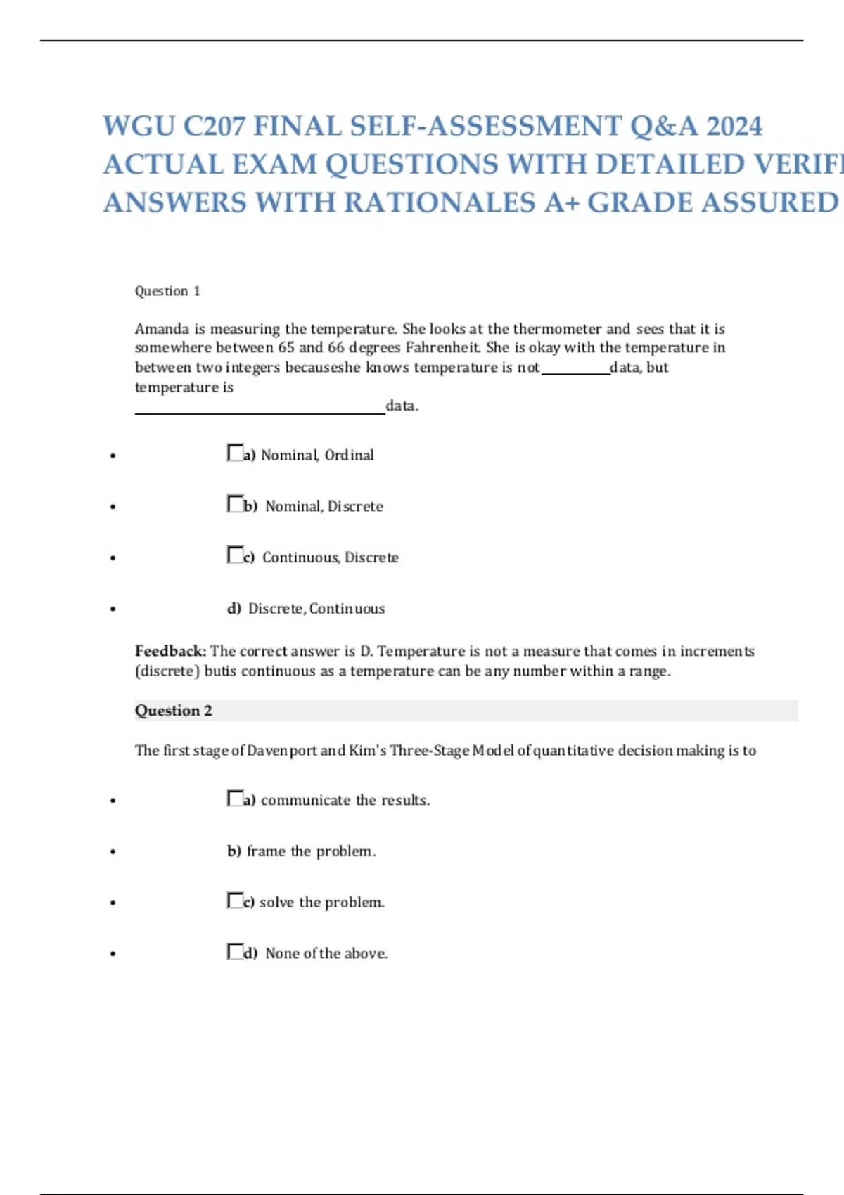 WGU C207 FINAL SELF-ASSESSMENT Q&A 2024 ACTUAL EXAM QUESTIONS WITH ...