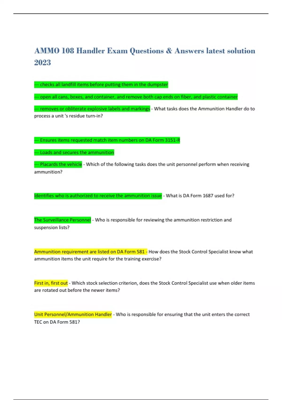 AMMO 108 Handler Exam Questions & Answers latest solution 2023 - Ammo ...