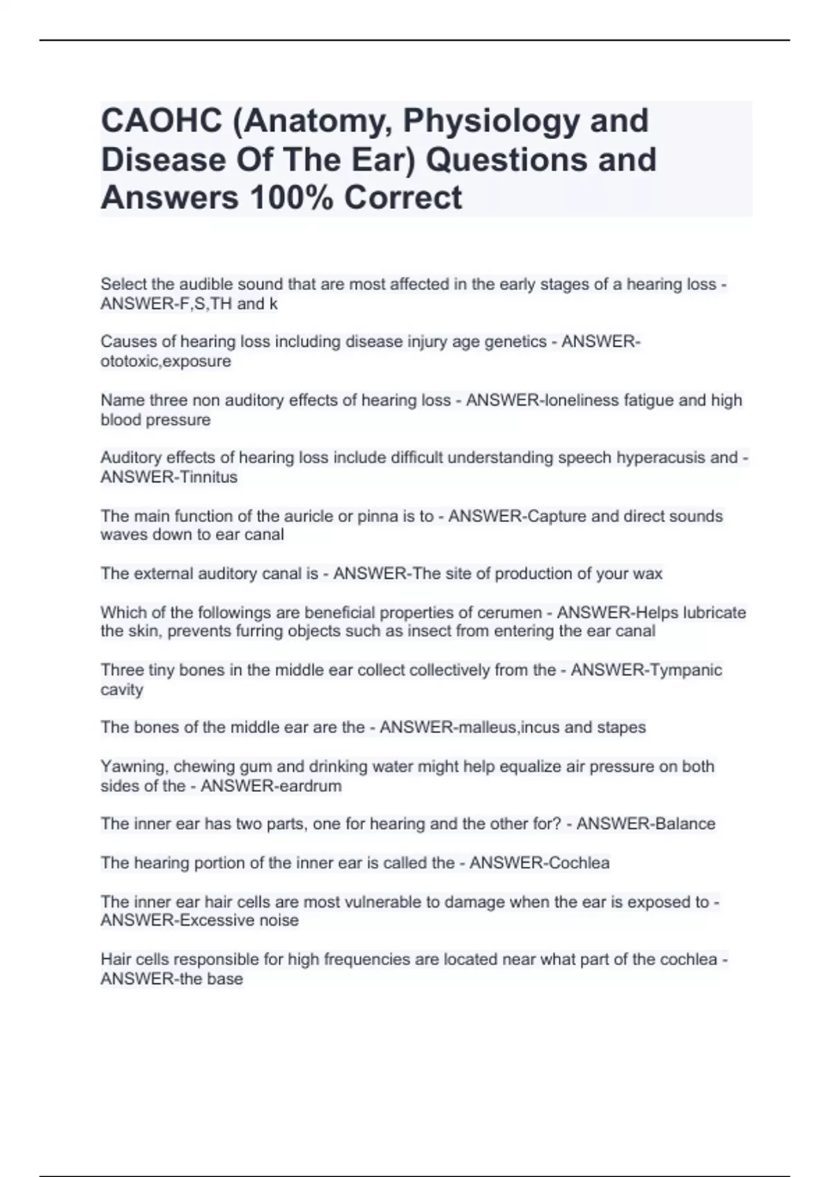 CAOHC (Anatomy, Physiology and Disease Of The Ear) Questions and ...