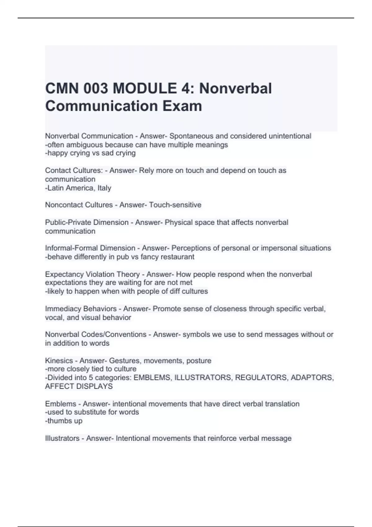 CMN 003 MODULE 4 Nonverbal Communication Exam - CMN 003V - Stuvia US