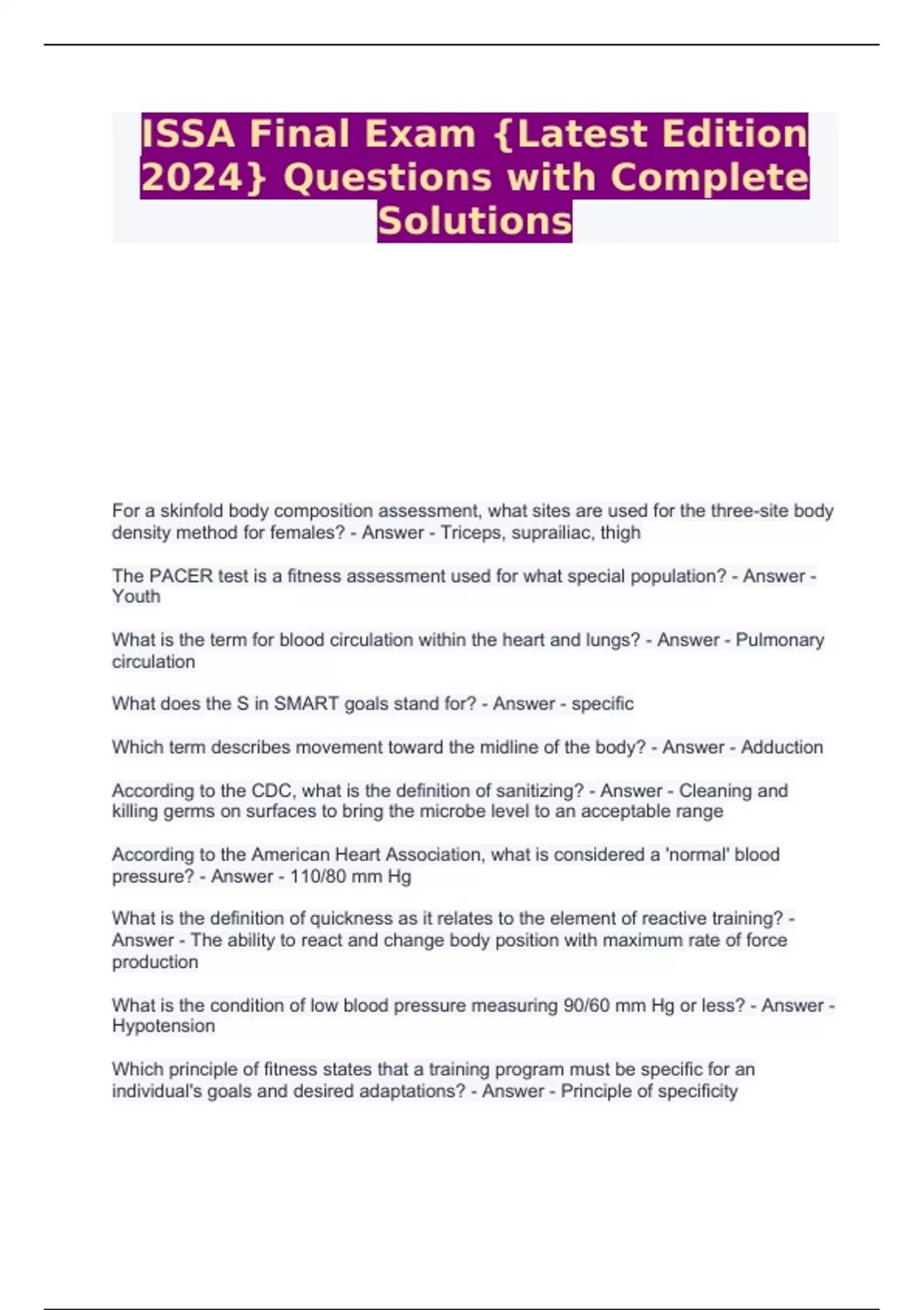 ISSA Final Exam {Latest Edition 2024} Questions with Complete Solutions ...