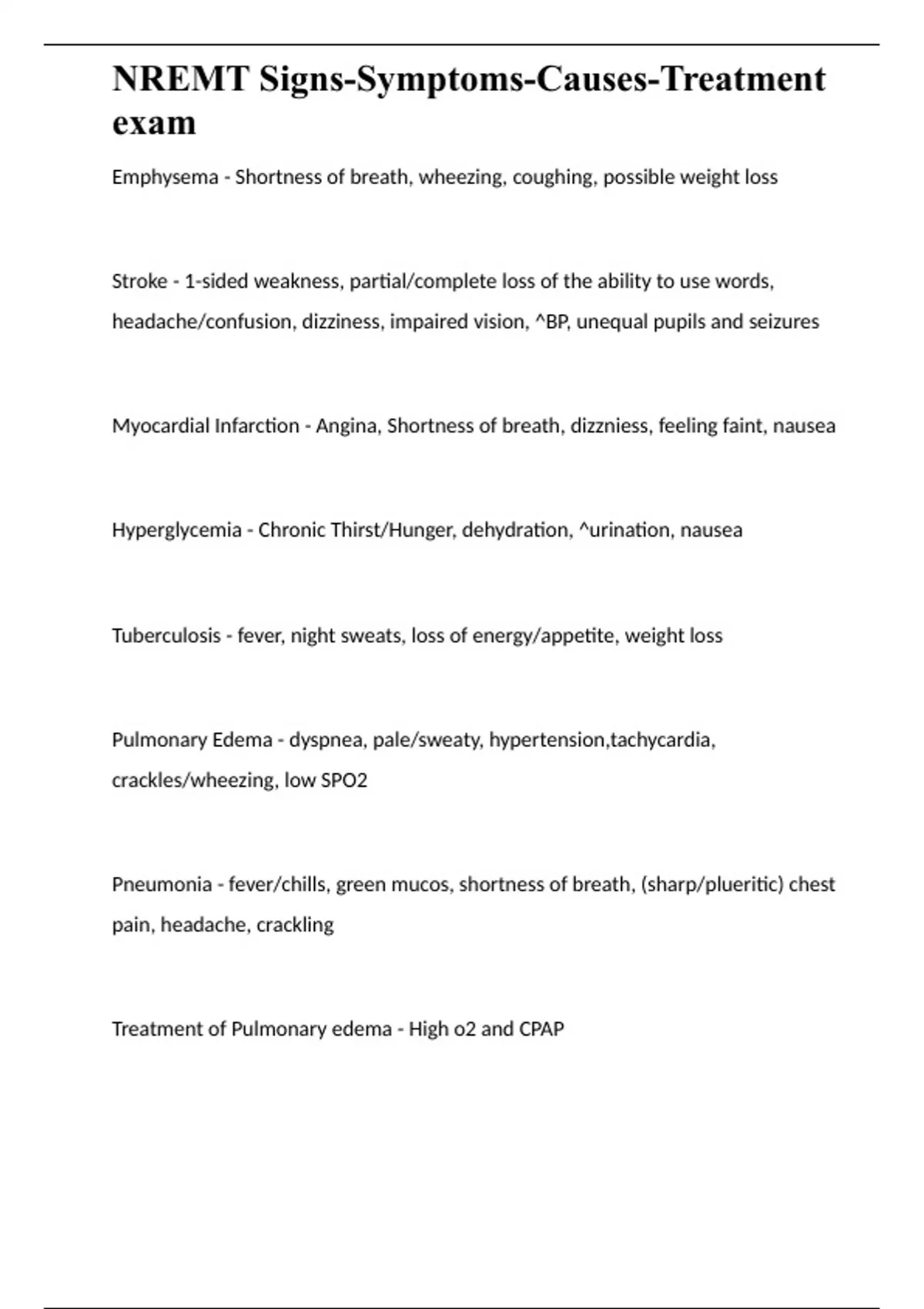NREMT Signs-Symptoms-Causes-Treatment exam - NREMT Signs- - Stuvia US